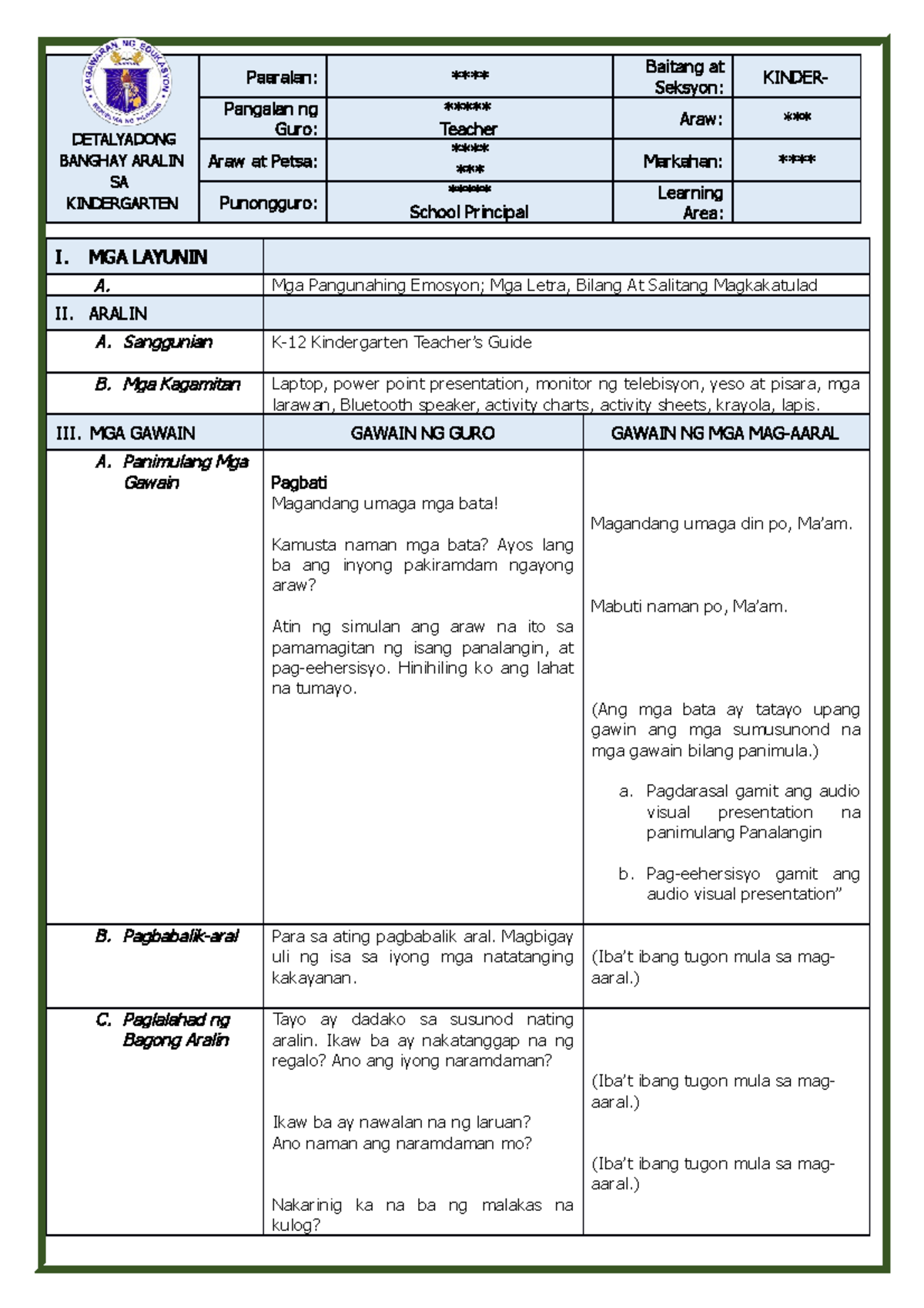 DLP - WEEK 5 Pangunahing- Emosyon - DETALYADONG BANGHAY ARALIN SA KINDERGARTEN Paaralan ...