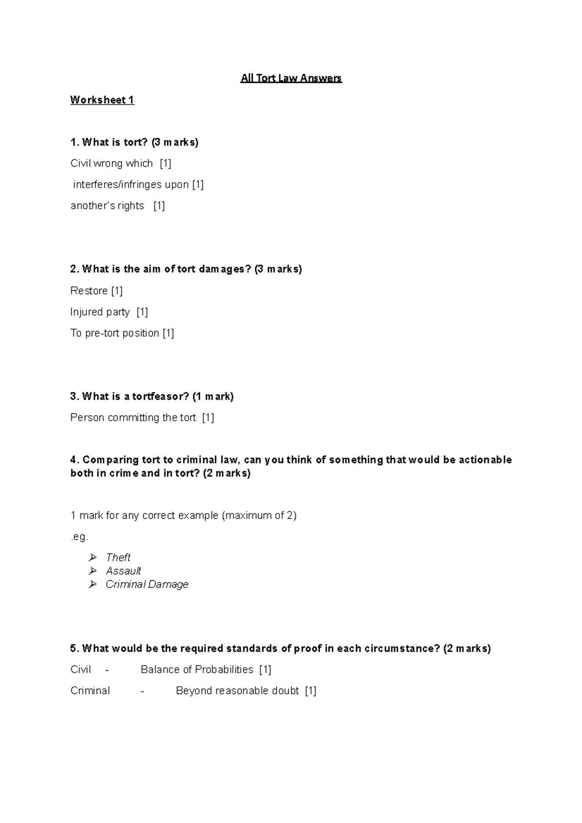 Tort Law Answers - All Tort Law Answers Worksheet 1 What is tort? (3 ...