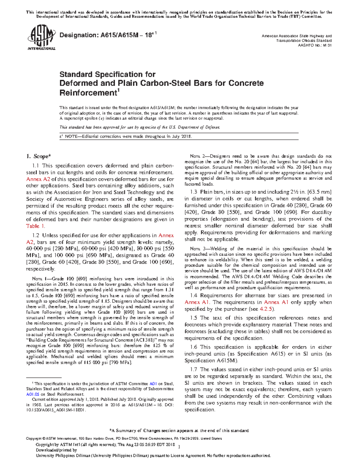 ASTM A615-18 - This is an ASTM Manual. - Designation: A615/A615M − 18 ́ 1 American Association ...