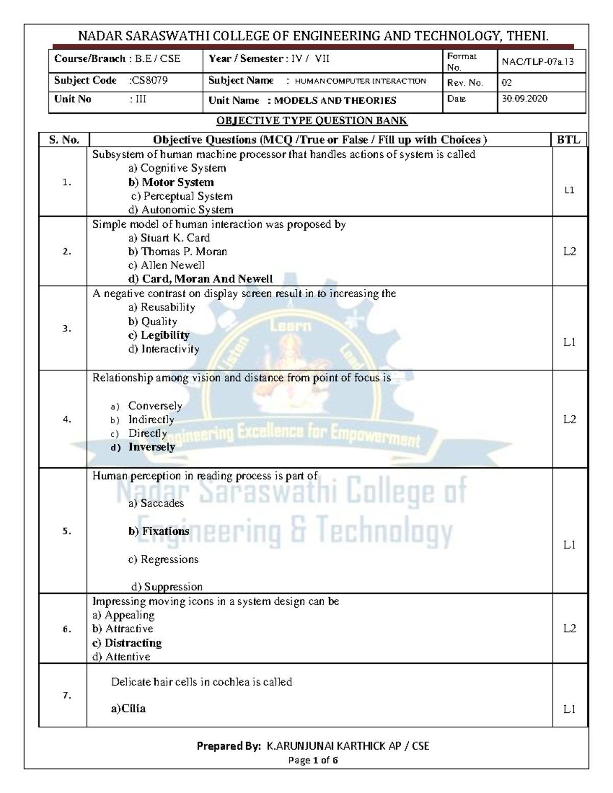 mcq hci unit3 : MODELS AND THEORIES - Course/Branch : B / CSE Year ...