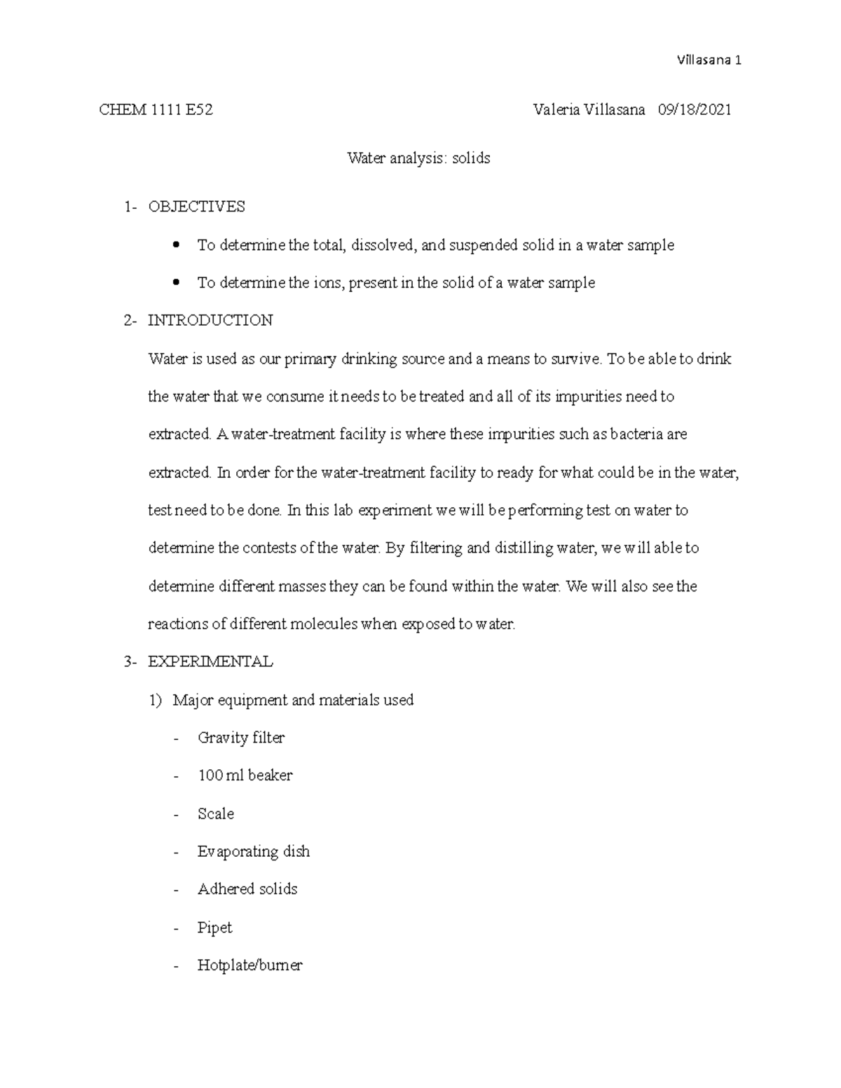 Experiment 3 - water analysis - solids - CHEM 1111 E52 Valeria ...