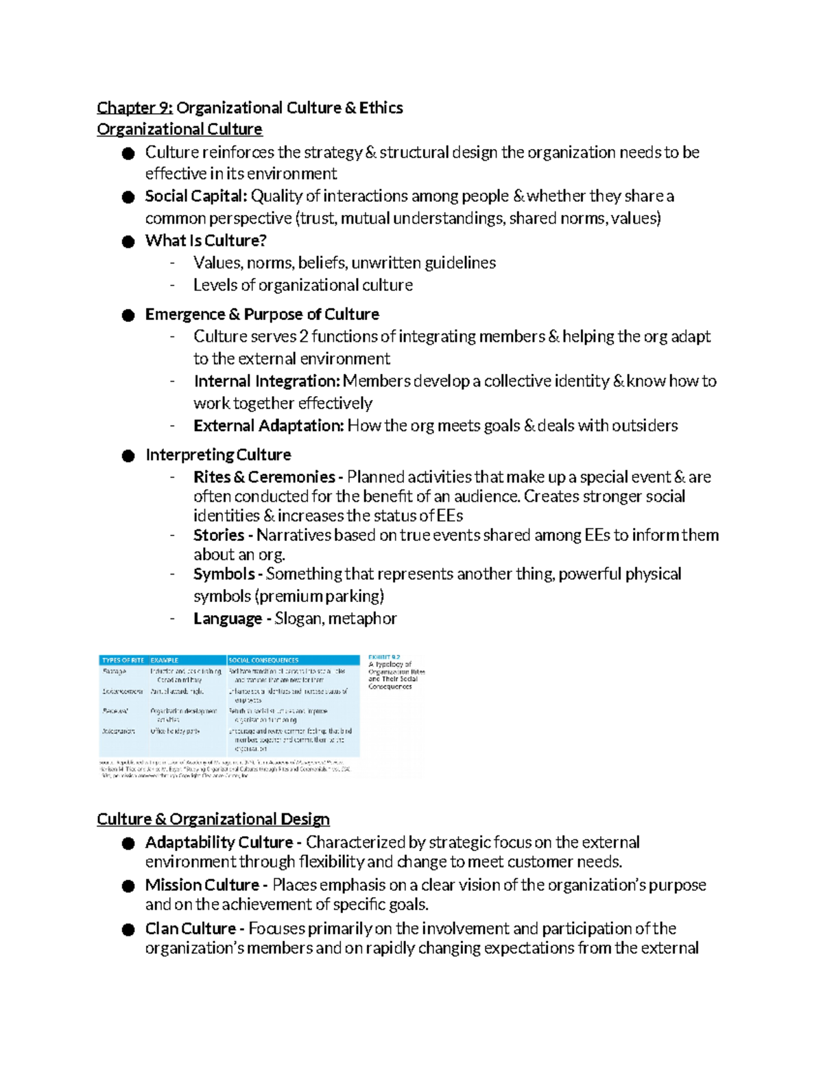 Org Theory 4010 - Week 9 - Chapter 9: Organizational Culture & Ethics ...