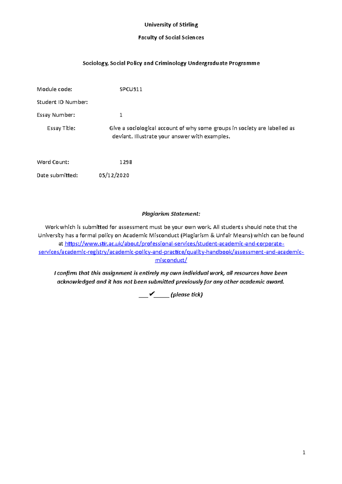 Deviance essay - Grade: A - University of Stirling Faculty of Social ...