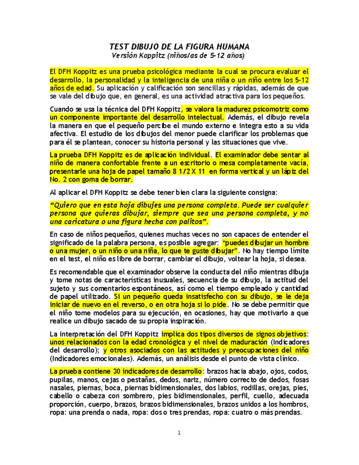 DFH Koppitz - test 1 - TEST DIBUJO DE LA FIGURA HUMANA Versión Koppitz ...