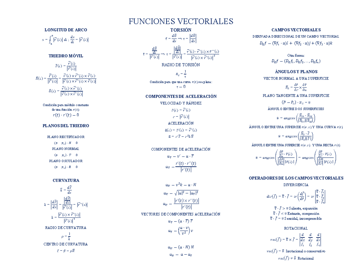 Formulario Funciones Vectoriales - FUNCIONES VECTORIALES LONGITUD DE ...