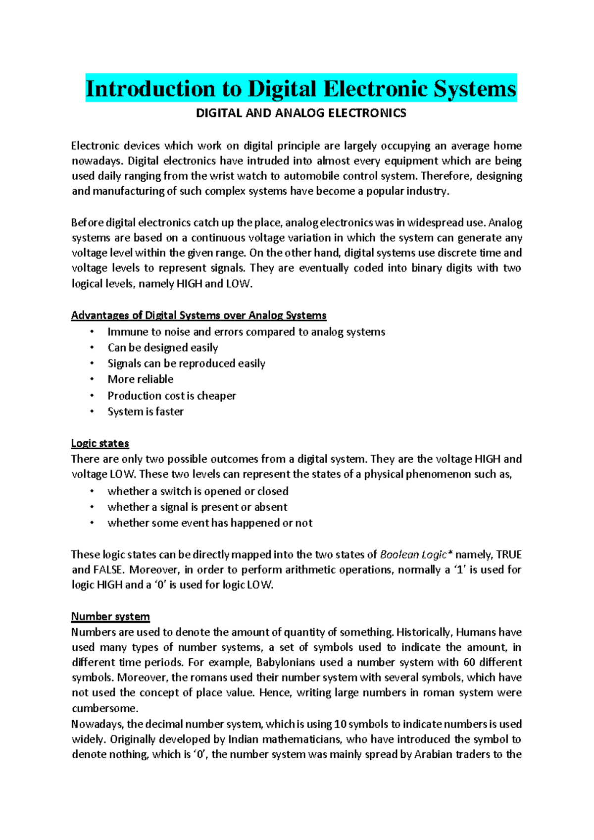 Introduction to Digital Electronic Systems - Digital electronics have ...