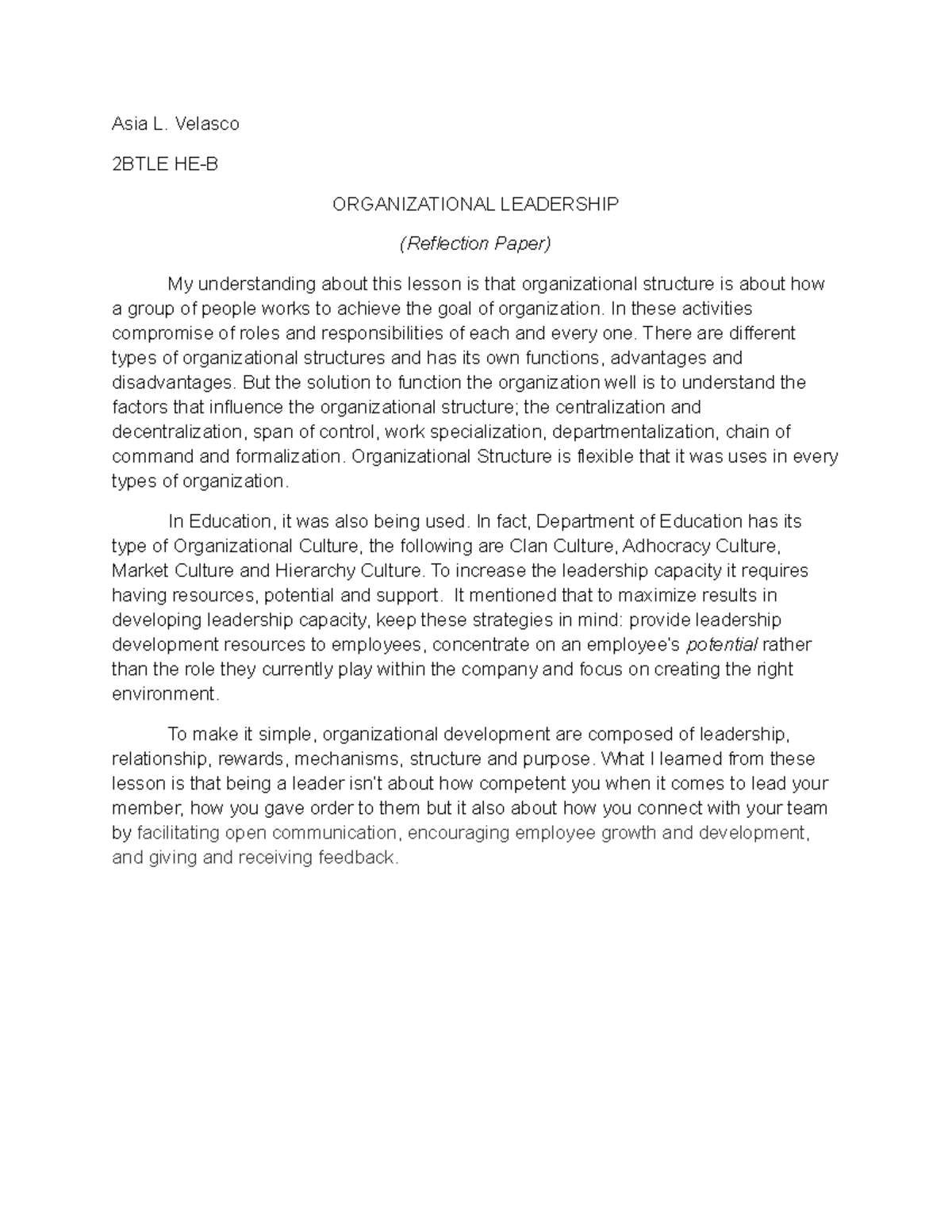 Organizational Leadership - Asia L. Velasco 2BTLE HE-B ORGANIZATIONAL ...
