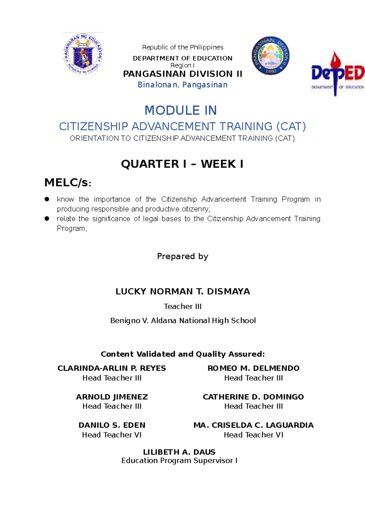 CAT-Module-Q1 Week-1-Orientation-To-Citizenship-Advancement-Training ...