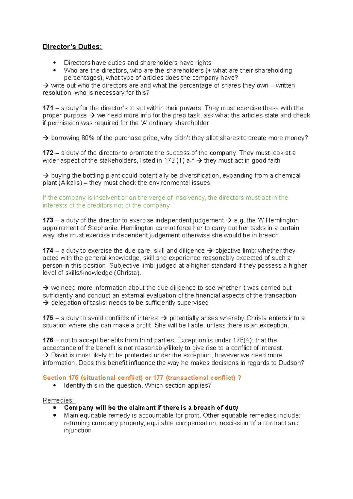 Directors Duties notes - Director’s Duties: Directors have duties and ...