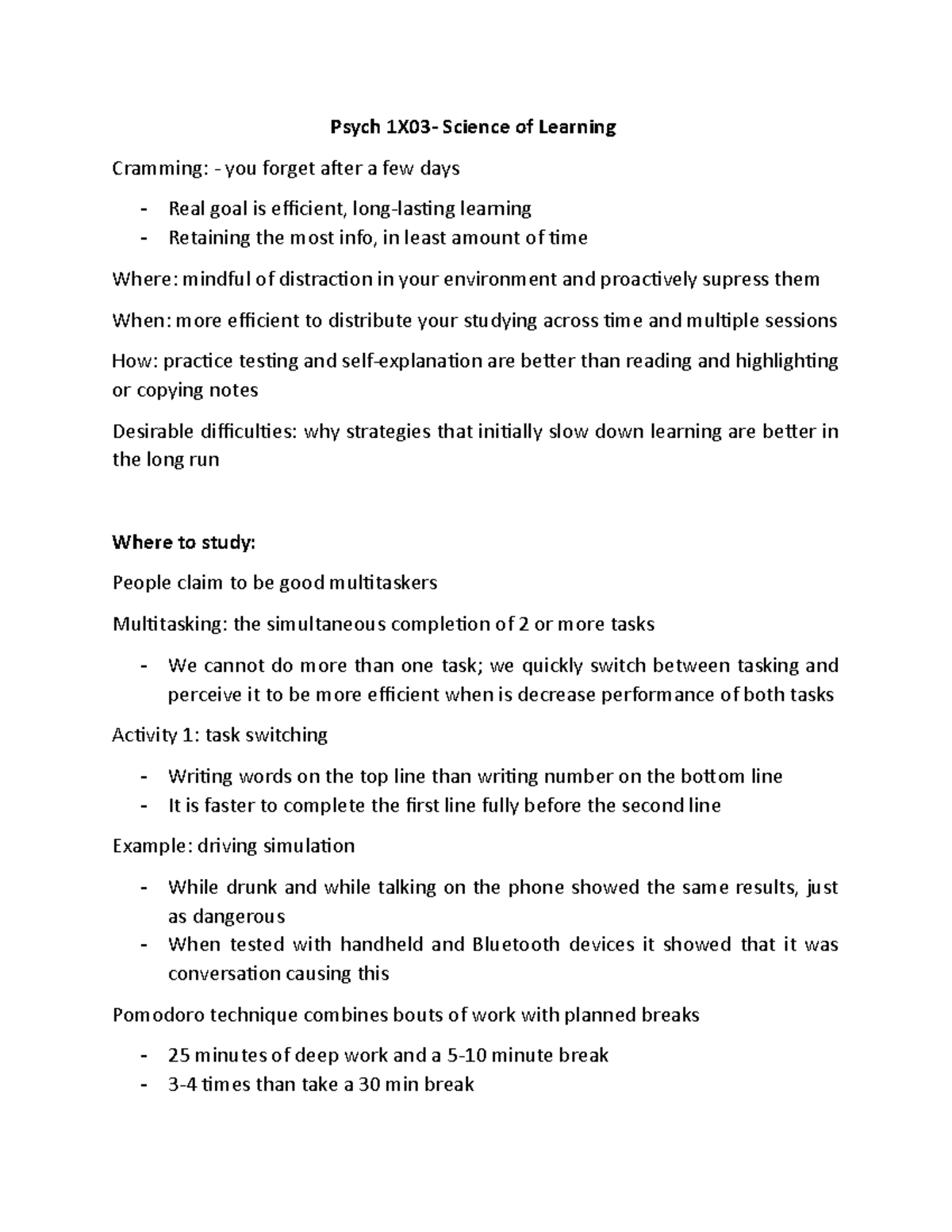 Psych - science of learning - Psych 1X03- Science of Learning Cramming ...