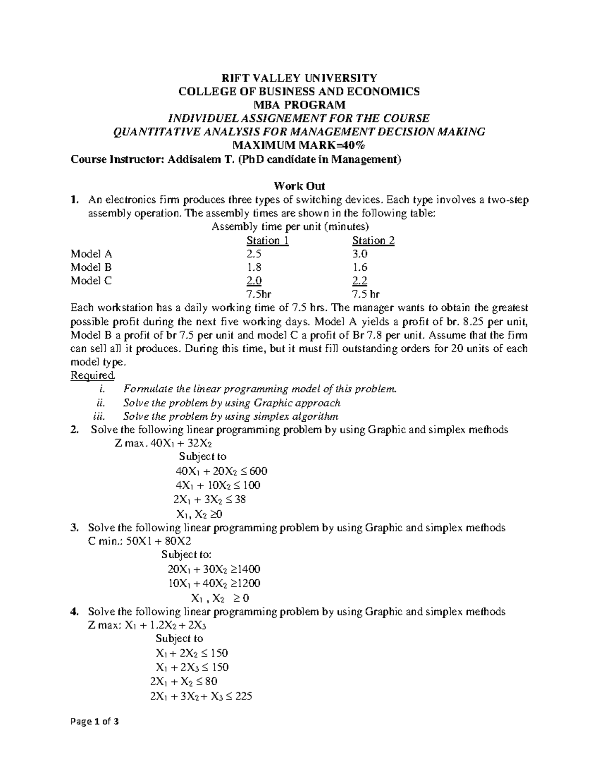 Individuel Assignement FOR THE Course - Page 1 of 3 RIFT VALLEY ...