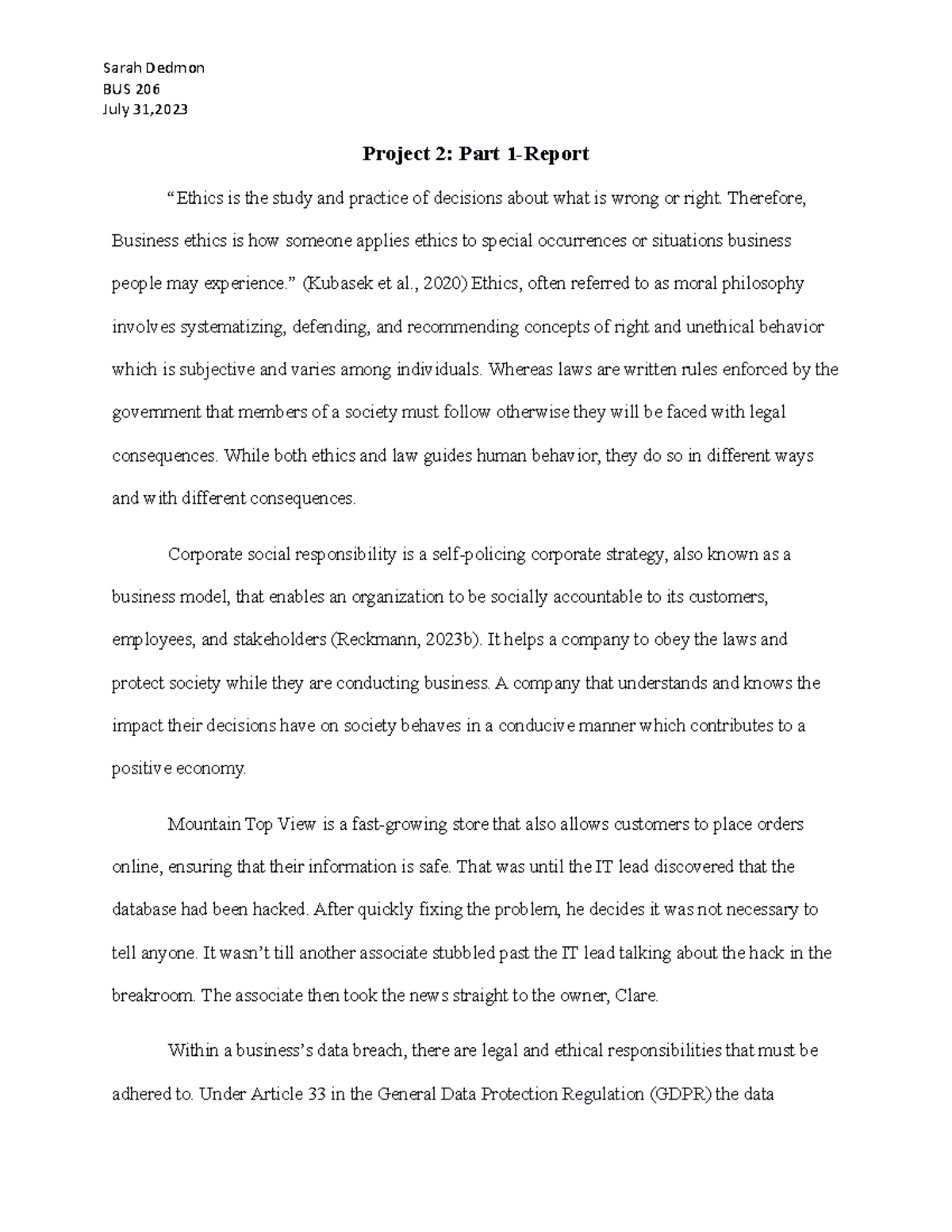 BUS 206 Project 2 Part 1 Report - Sarah Dedmon BUS 206 July 31, Project ...