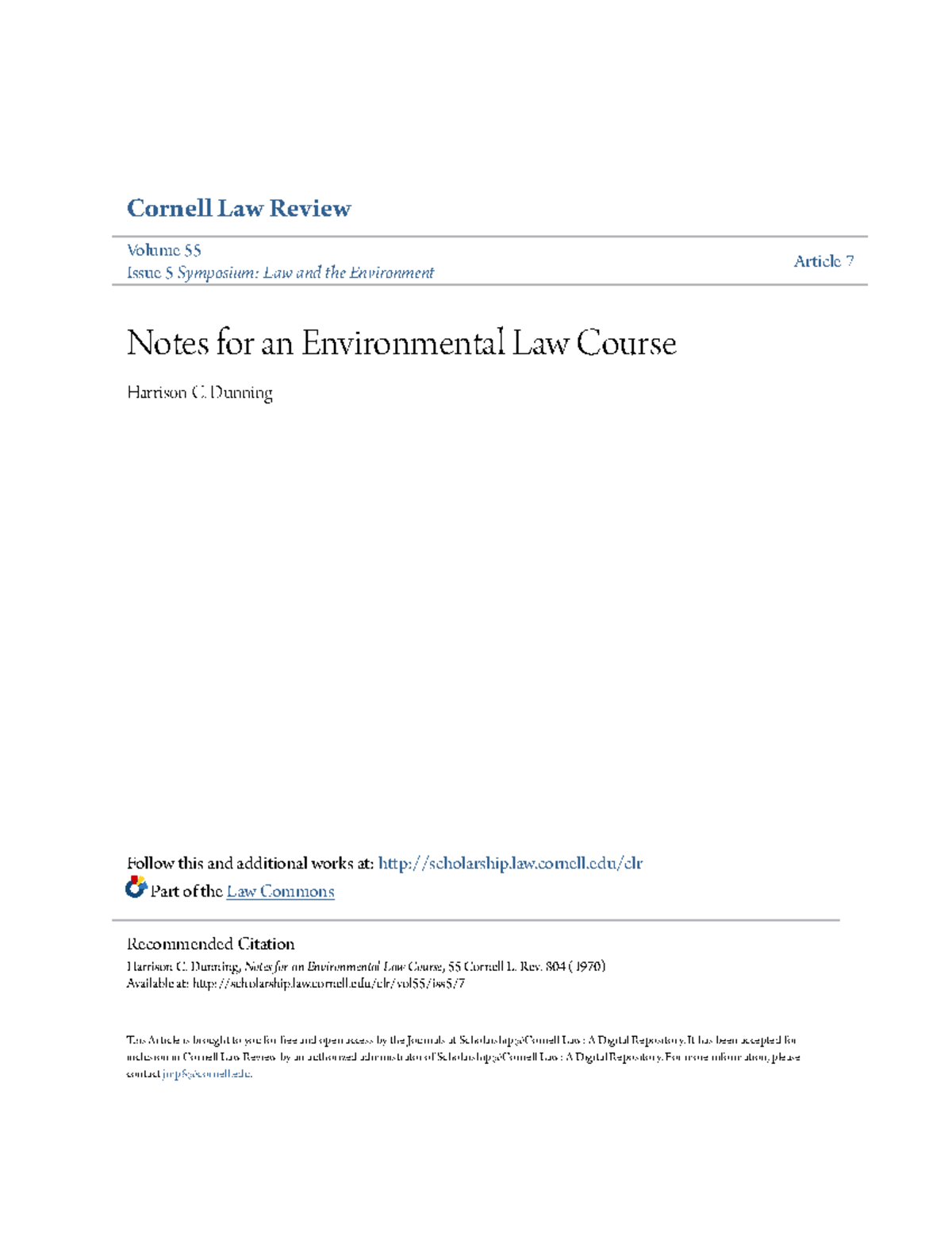 Notes for an Environmental Law Course - Cornell Law Review Volume 55 ...