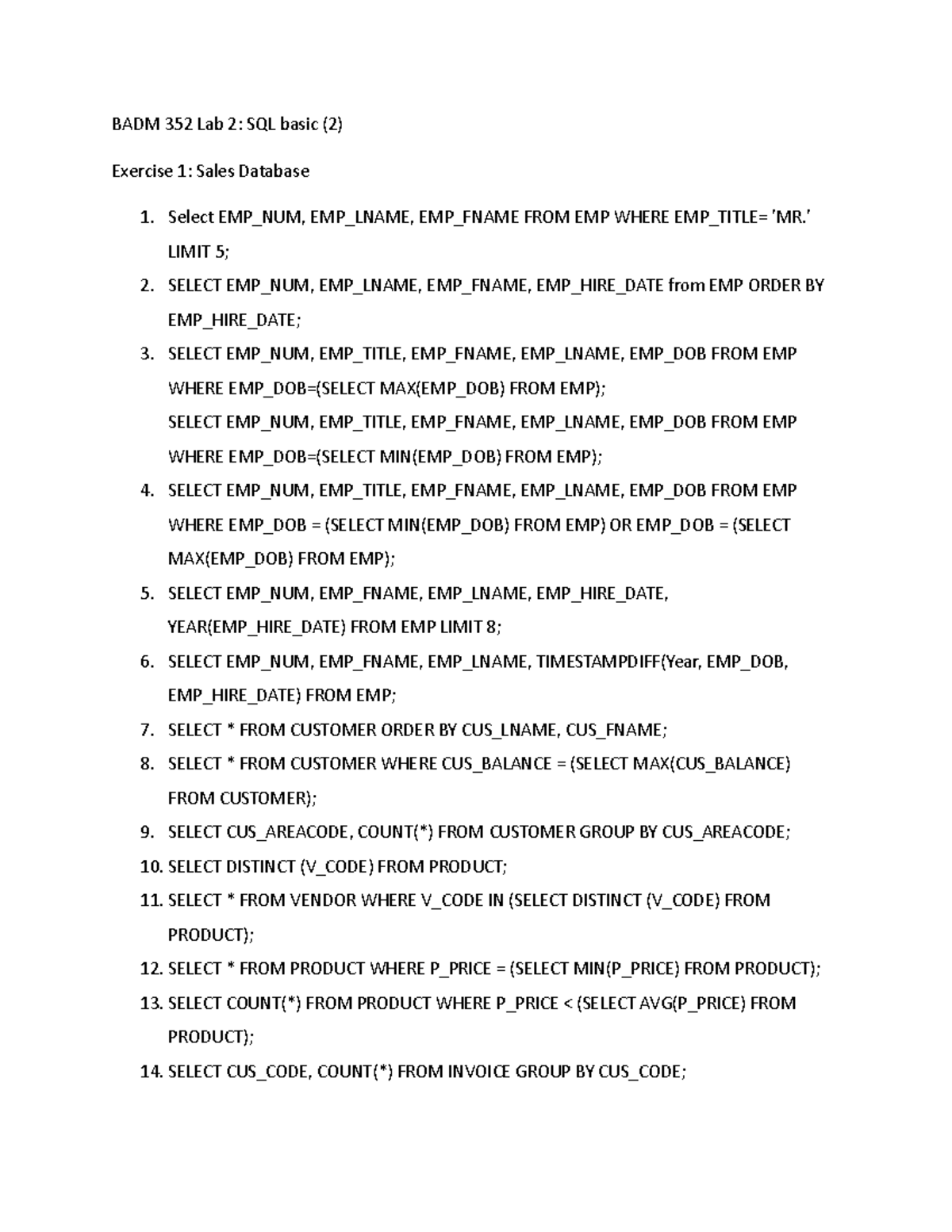 BADM 352 Sample Lab 2 - Lab 2 for BADM 352 - BADM 352 Lab 2: SQL basic ...