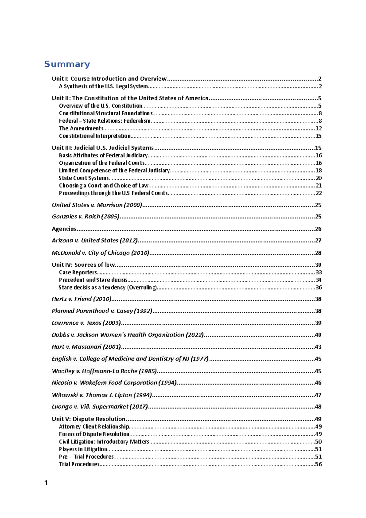 Introduction to the US Legal System - Summary Unit I: Course ...