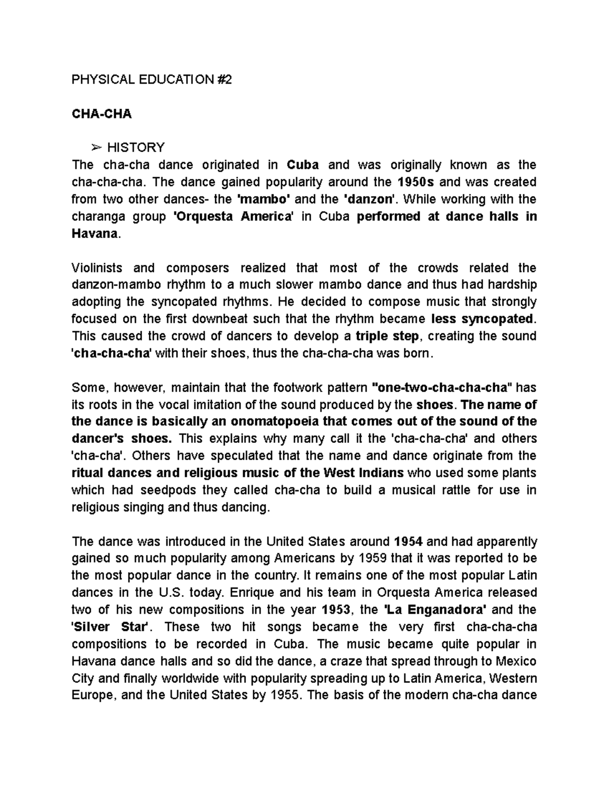 Chacha - PHYSICAL EDUCATION CHA-CHA HISTORY The cha-cha dance ...