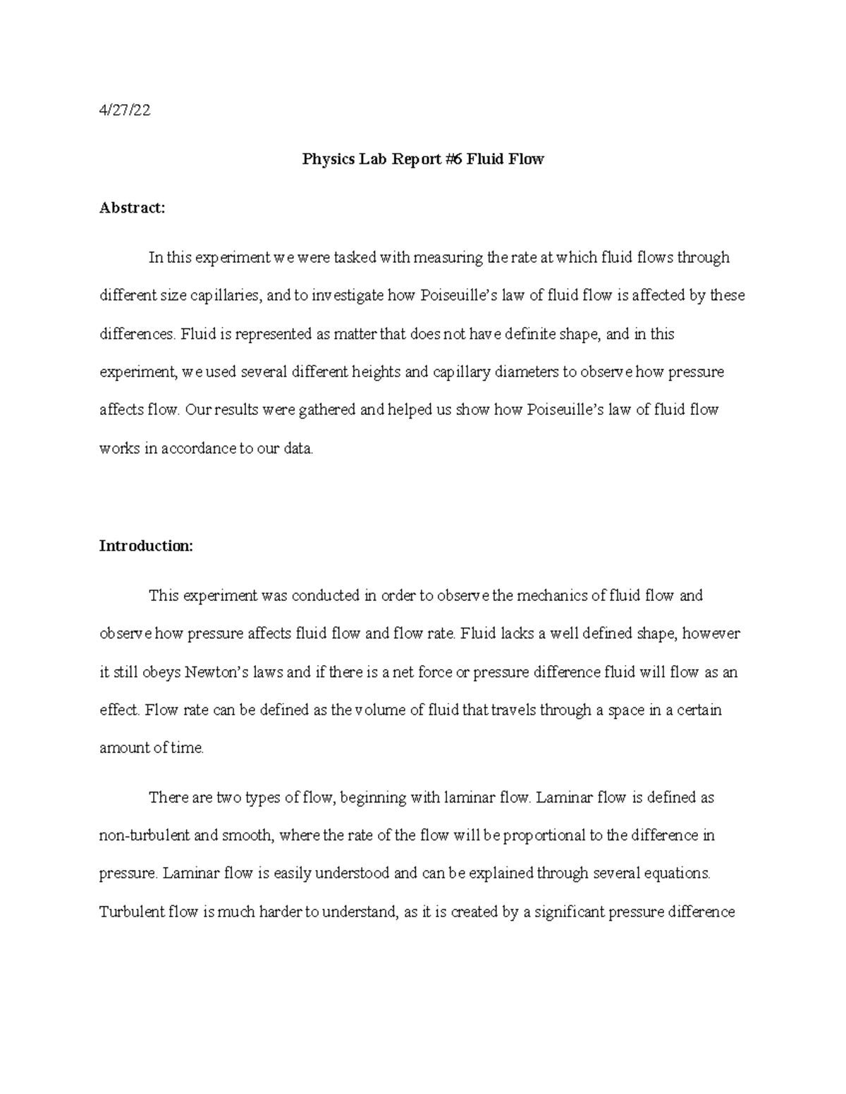 Physics Lab Report 6 Fluid Flow - 4/27/ Physics Lab Report #6 Fluid ...
