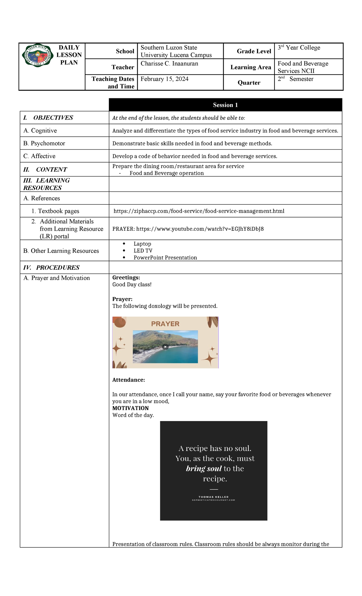 LP-FOOD AND Beverage Services NC II - DAILY LESSON PLAN School Southern ...