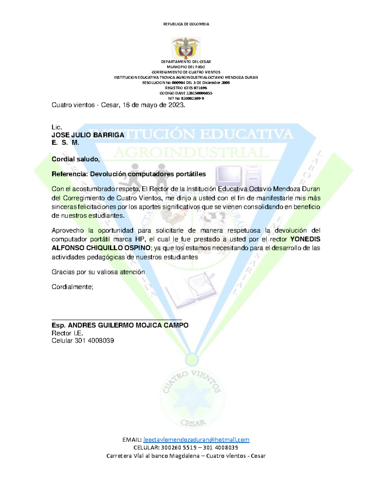Carta - 12345 - REPUBLICA DE COLOMBIA DEPARTAMENTO DEL CESAR MUNICIPIO ...