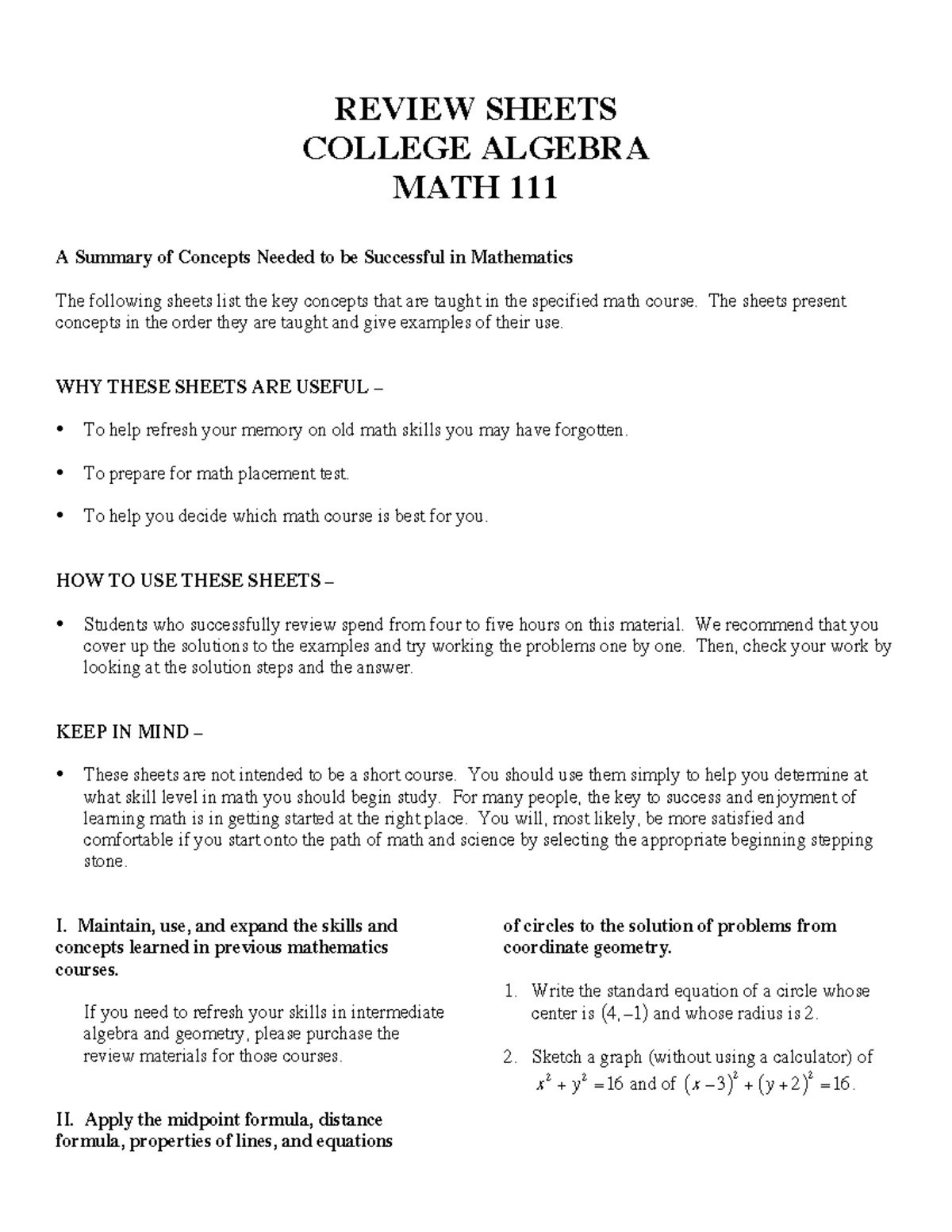 Math111 reviewsheets - REVIEW SHEETS COLLEGE ALGEBRA MATH 111 A Summary ...