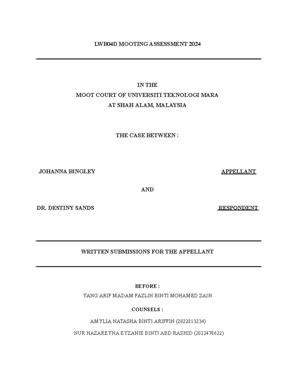 WRITTEN SUBMISSION : APPELLANT - LWB04D MOOTING ASSESSMENT 2024 IN THE ...