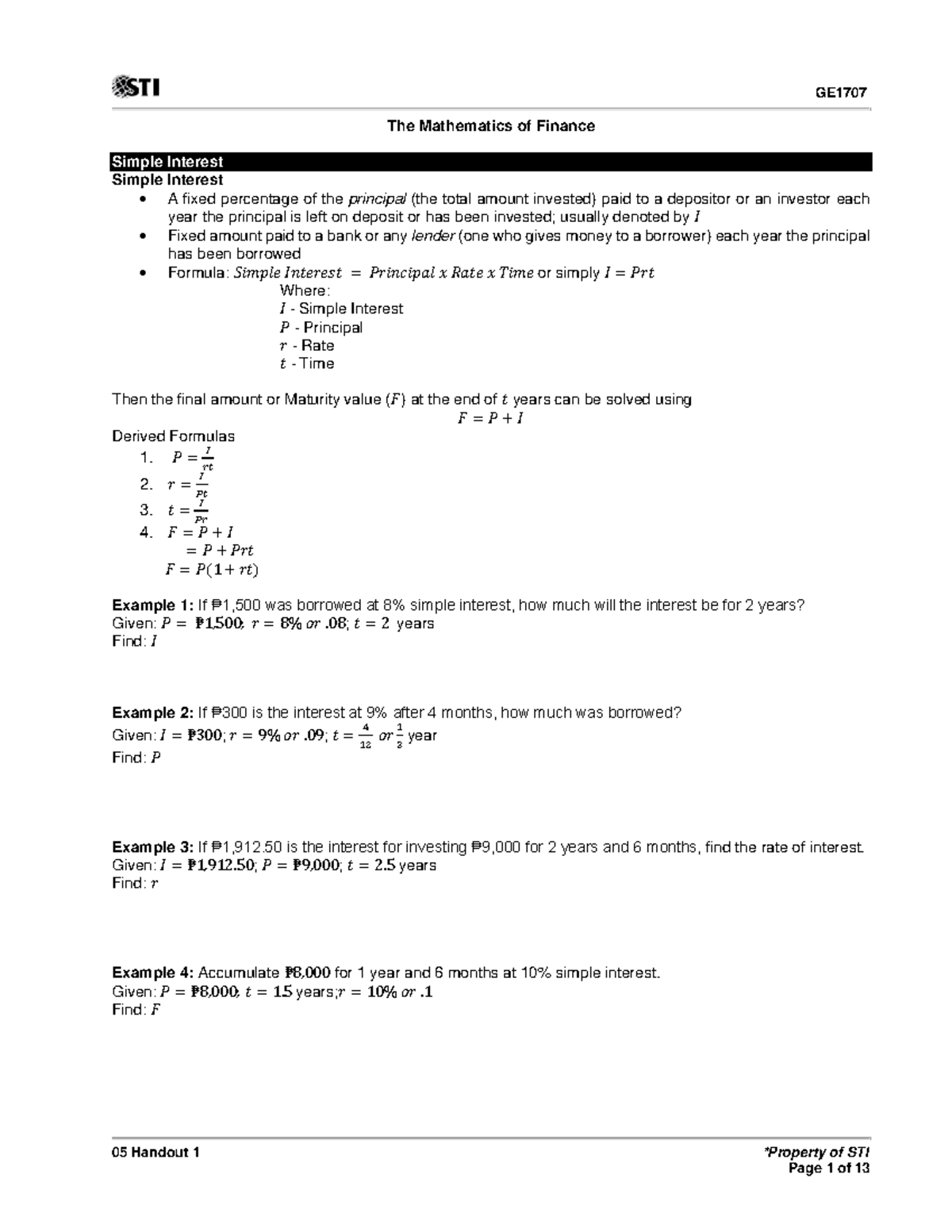 09 Lecture Mathematics in The Modern World - 05 Handout 1 *Property of ...