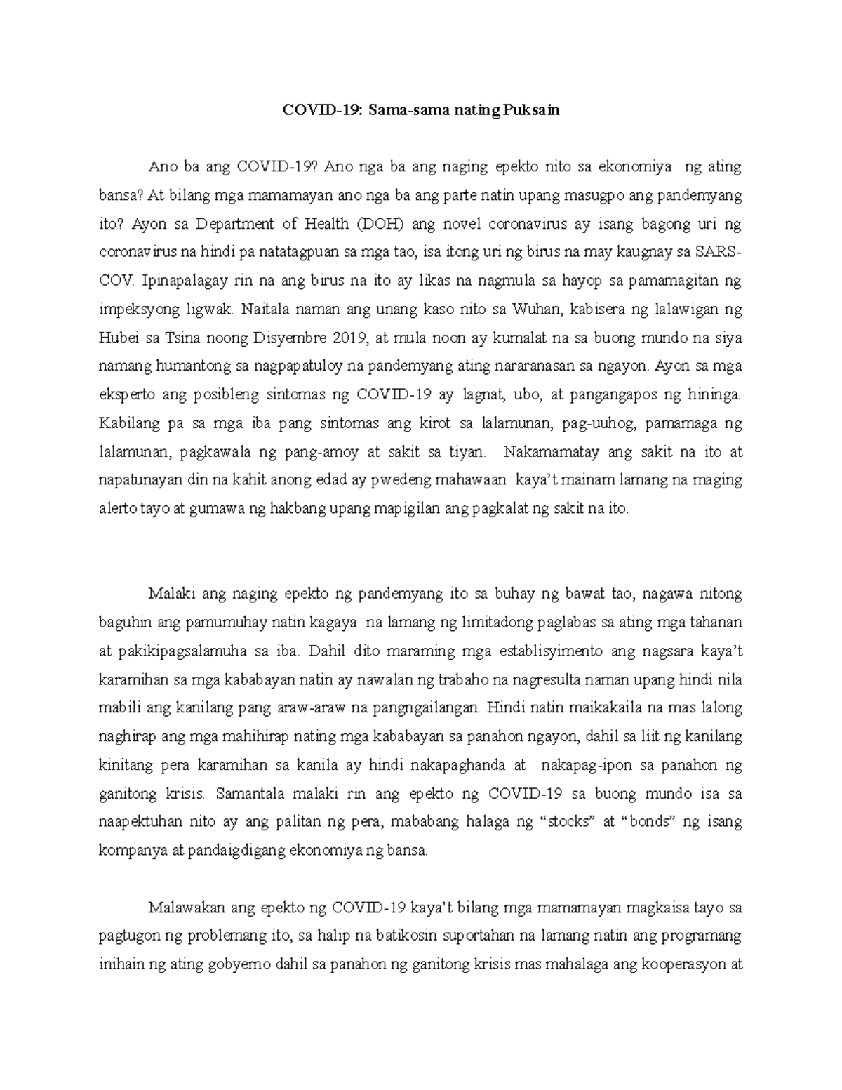 Lecture Notes 2 - Speech - COVID-19: Sama-sama nating Puksain Ano ba ...