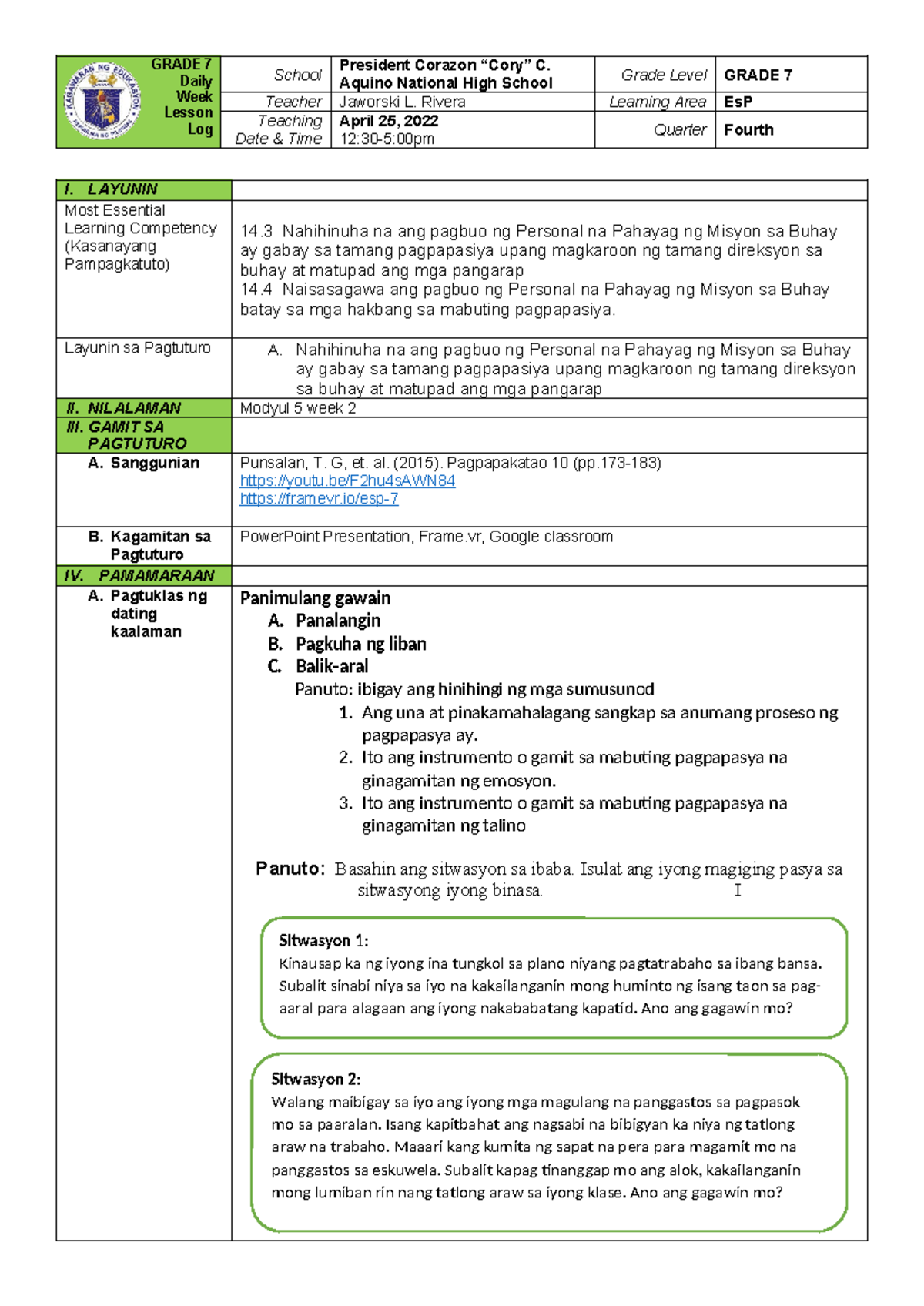 LP-Q4-W2 - Lesson plan - GRADE 7 Daily Week Lesson Log School President ...