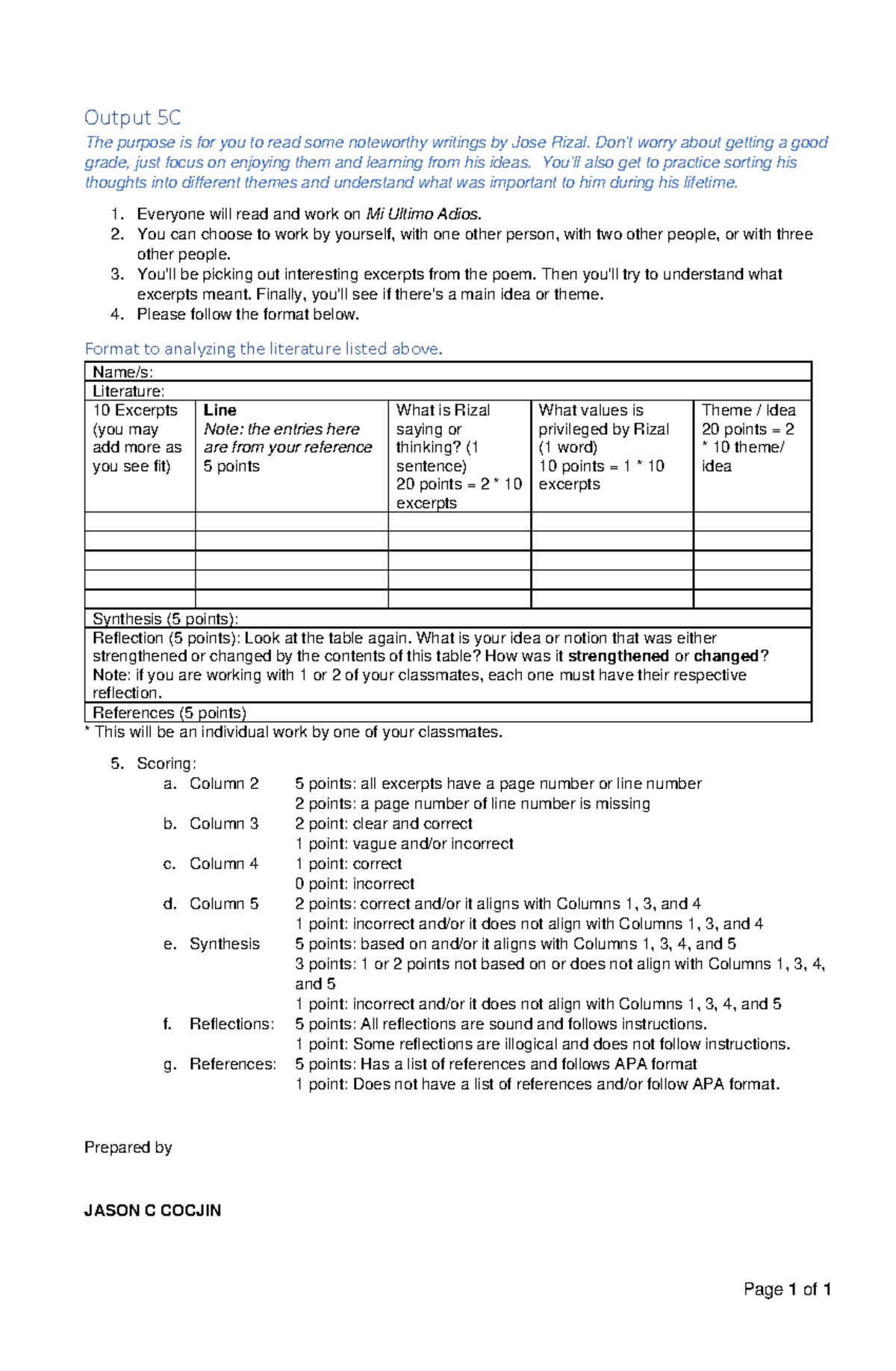 Output 5C Mi Ultimo Adios - Page 1 of 1 Output 5C The purpose is for ...
