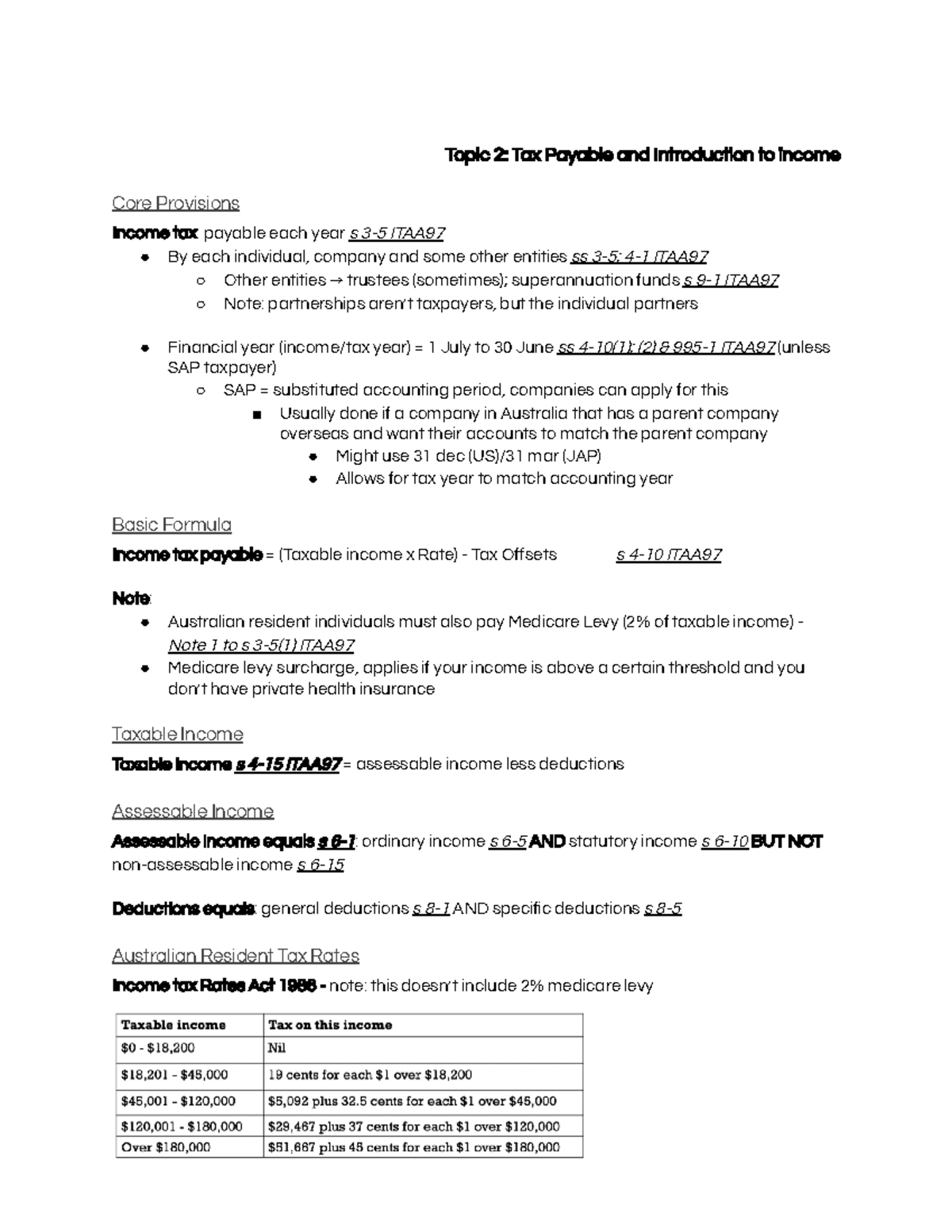 Taxation LAW - Notes - Topic 2: Tax Payable and Introduction to income ...