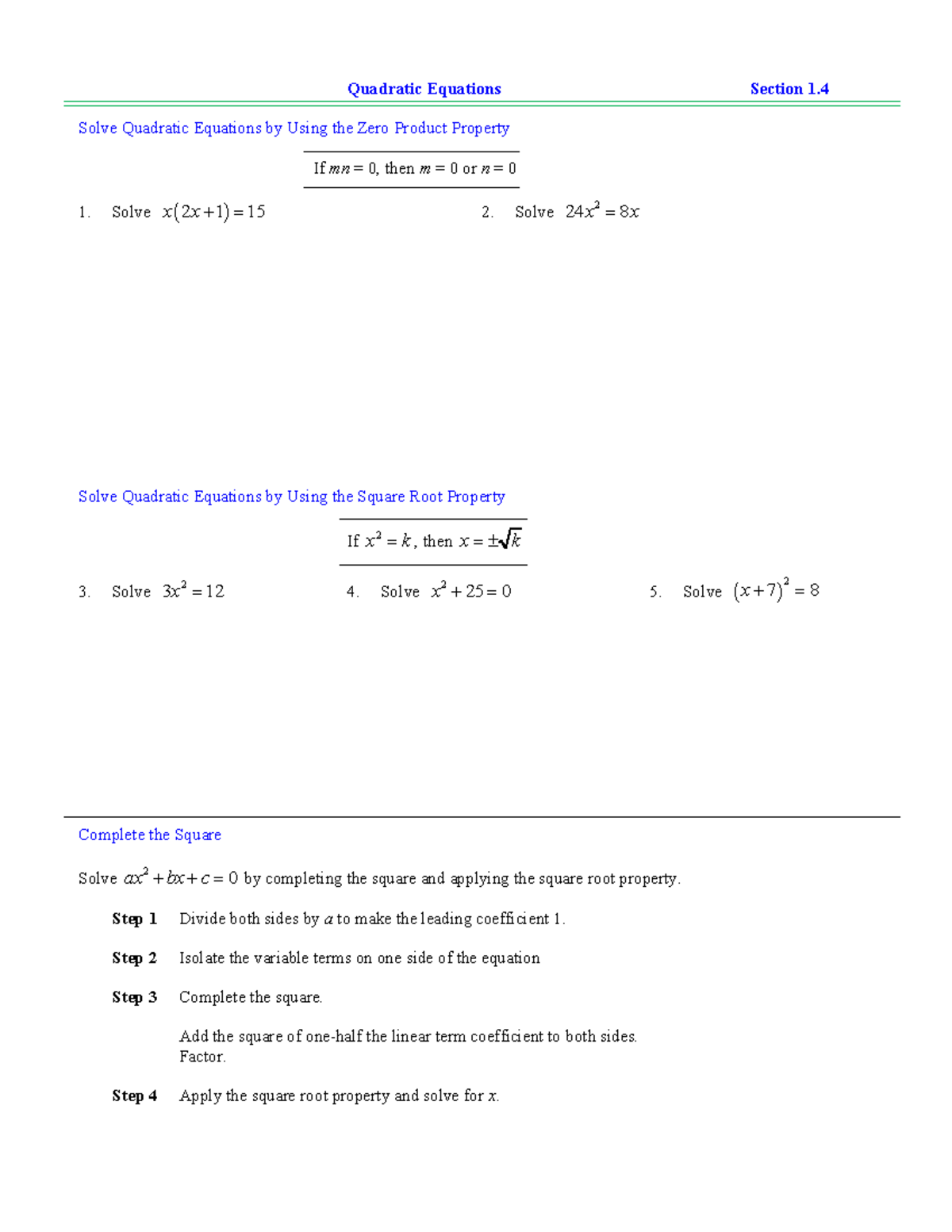 1.4 Notes - Quadratic Equations Section 1. Solve Quadratic Equations by ...