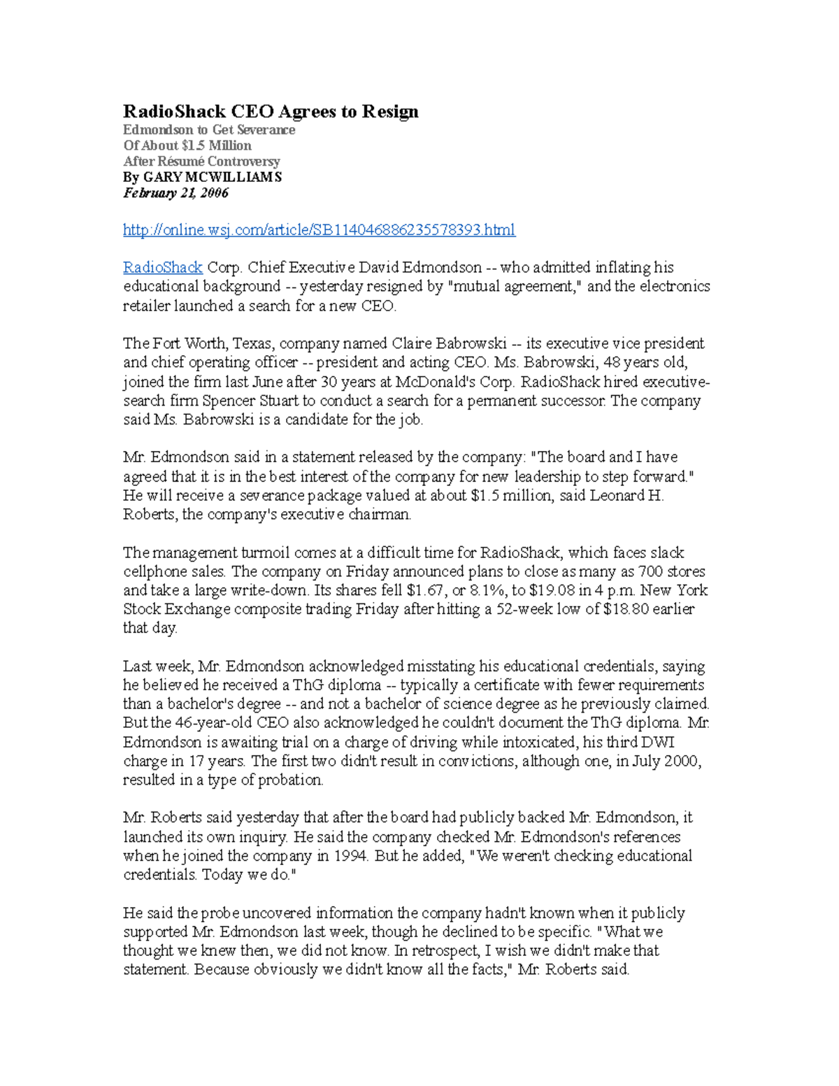 Radio Shack CEOAgreesto Resign from newpaper - RadioShack CEO Agrees to ...
