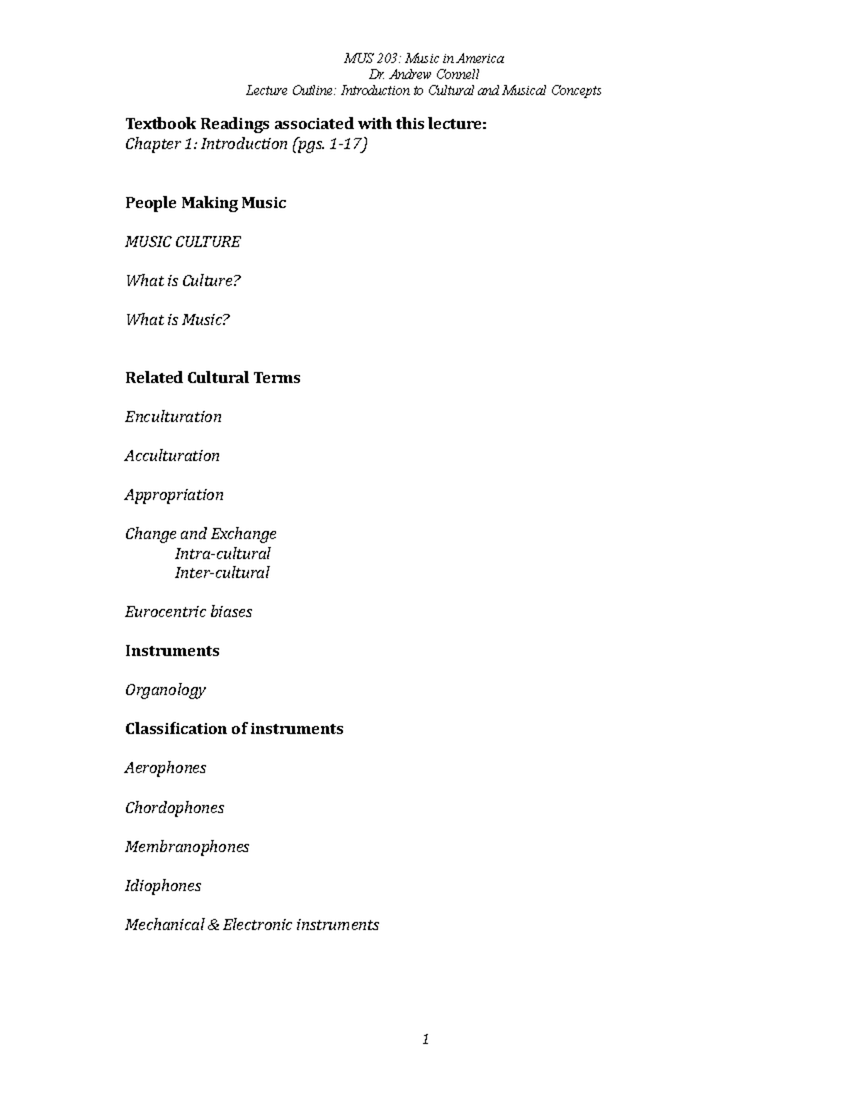 01 Intro Lecture Outline - Dr. Andrew Connell Lecture Outline ...