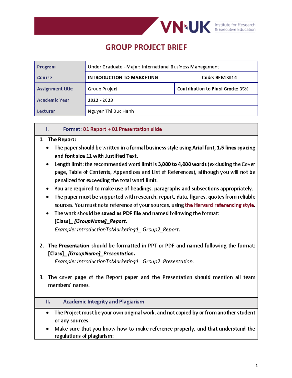Introduction to Marketing Group Project Assignment Brief 31102022 - GROUP PROJECT BRIEF Program ...