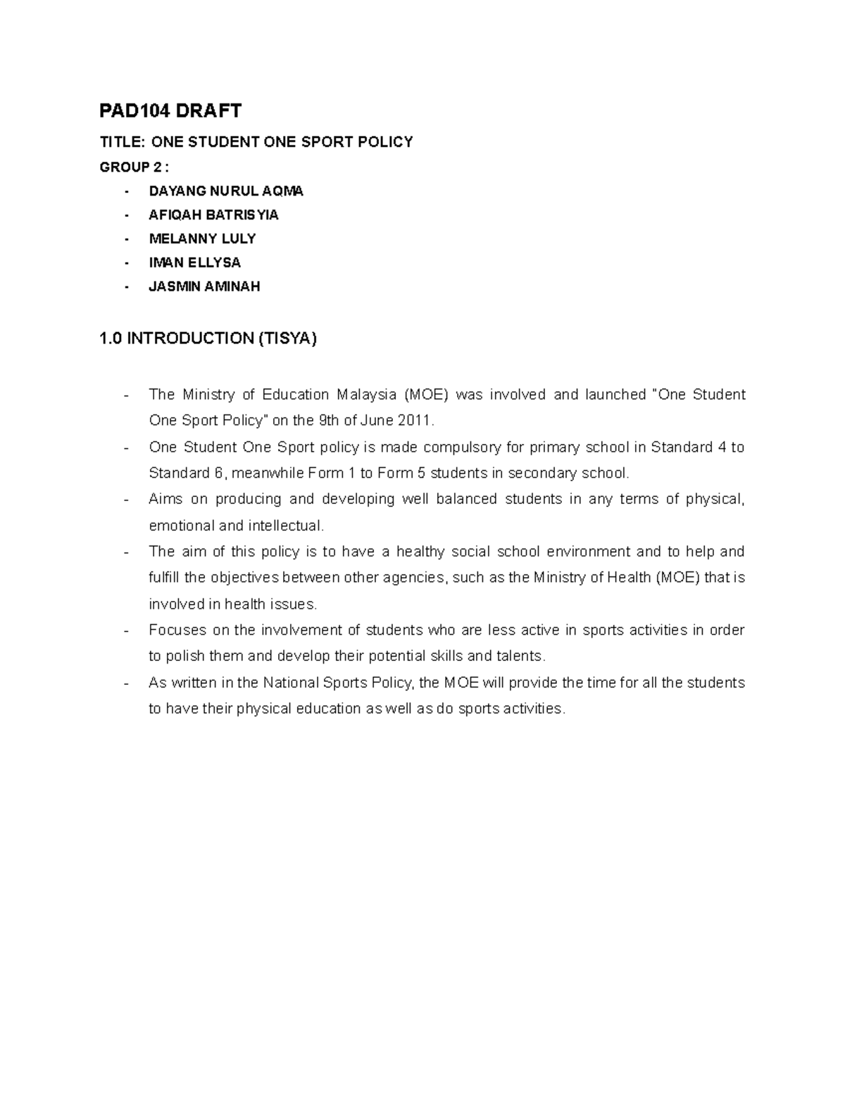 PAD104 Assignment Draft - PAD104 DRAFT TITLE: ONE STUDENT ONE SPORT ...