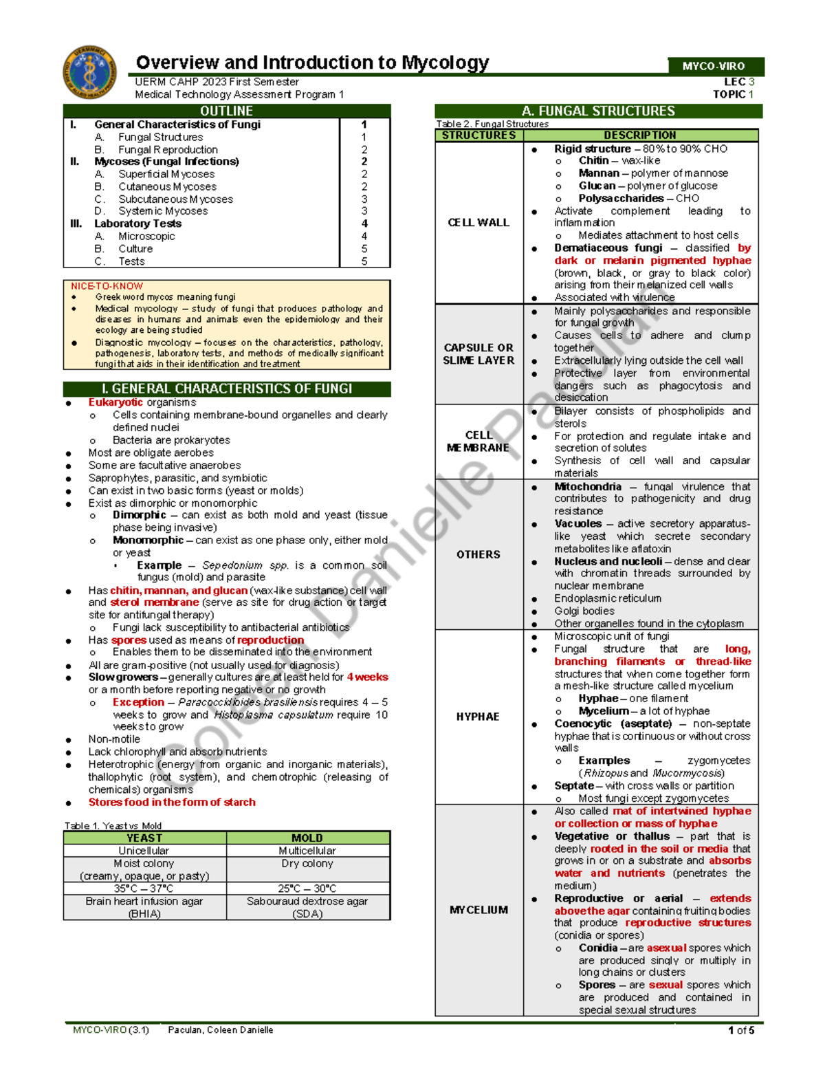 MTAP 1 - Mycology and Virology - Overview and Introduction to Mycology MYCO-VIRO UERM CAHP 2023 ...