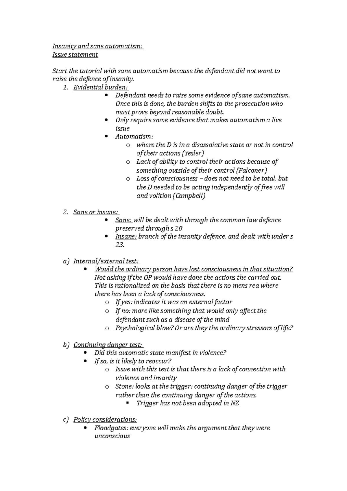 Insanity and sane automatism tutorial - Insanity and sane automatism ...
