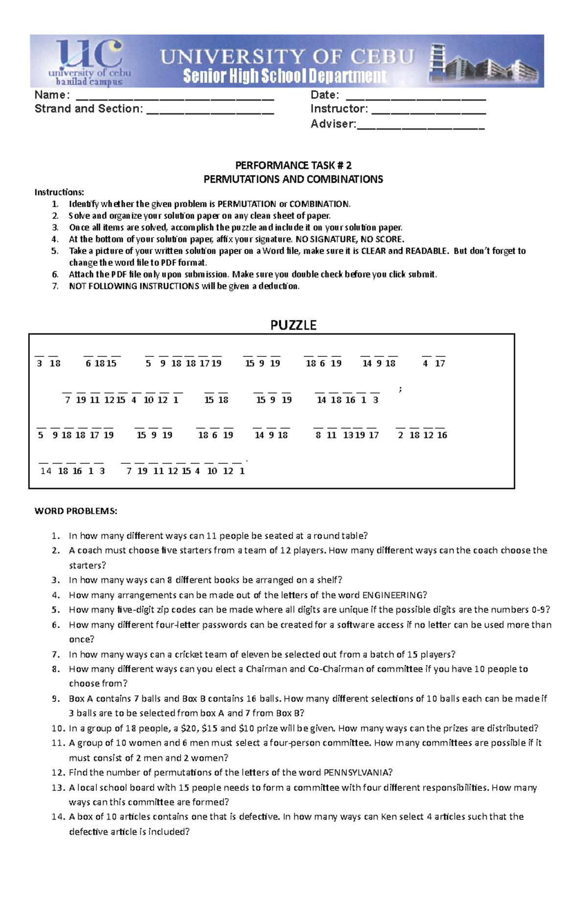 PT 2 (Permutation and Combination Puzzle) - Name ...