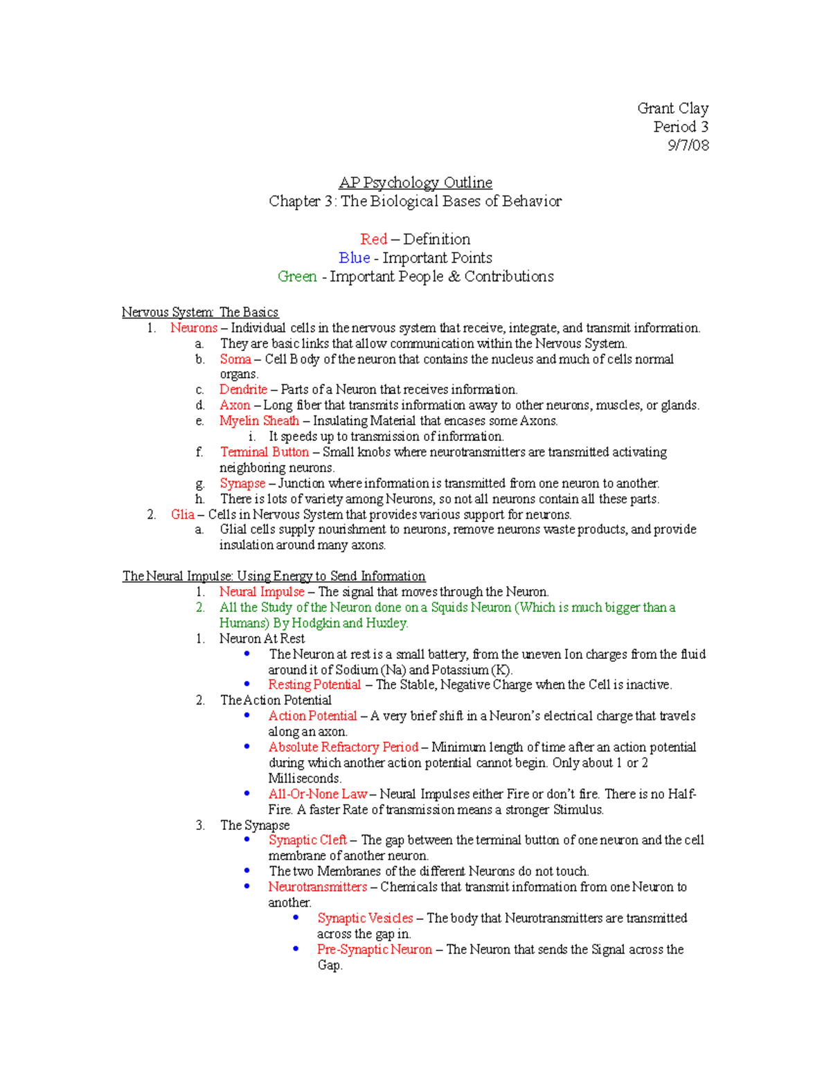 APP Ch.3 Outline - Grant Clay Period 3 9/7/ AP Psychology Outline ...