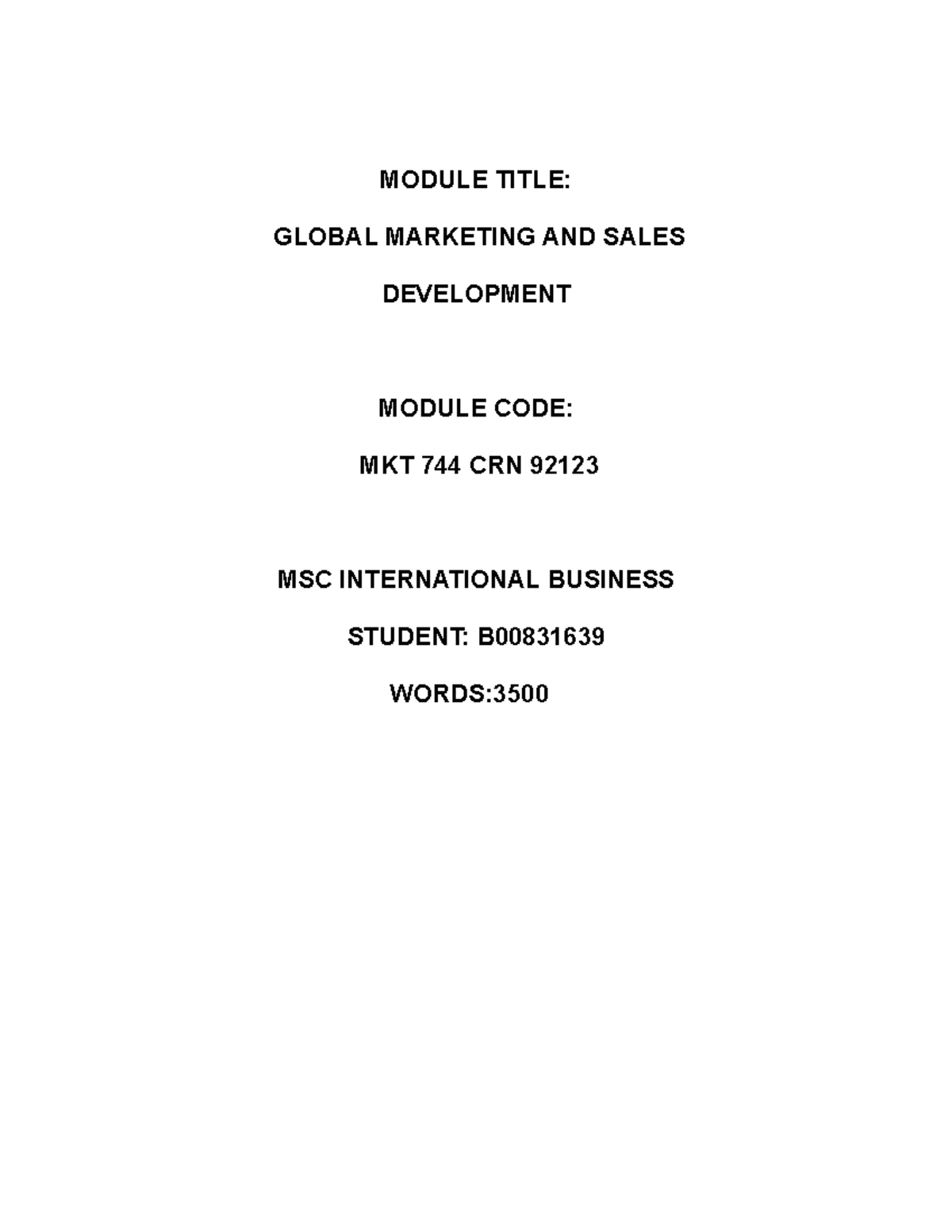 Global Marketing - MODULE TITLE: GLOBAL MARKETING AND SALES DEVELOPMENT ...