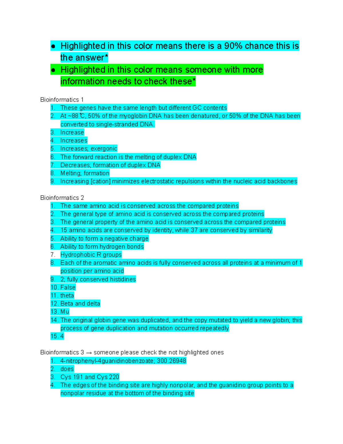 Bioinformatics Project - Highlighted in this color means there is a 90% ...