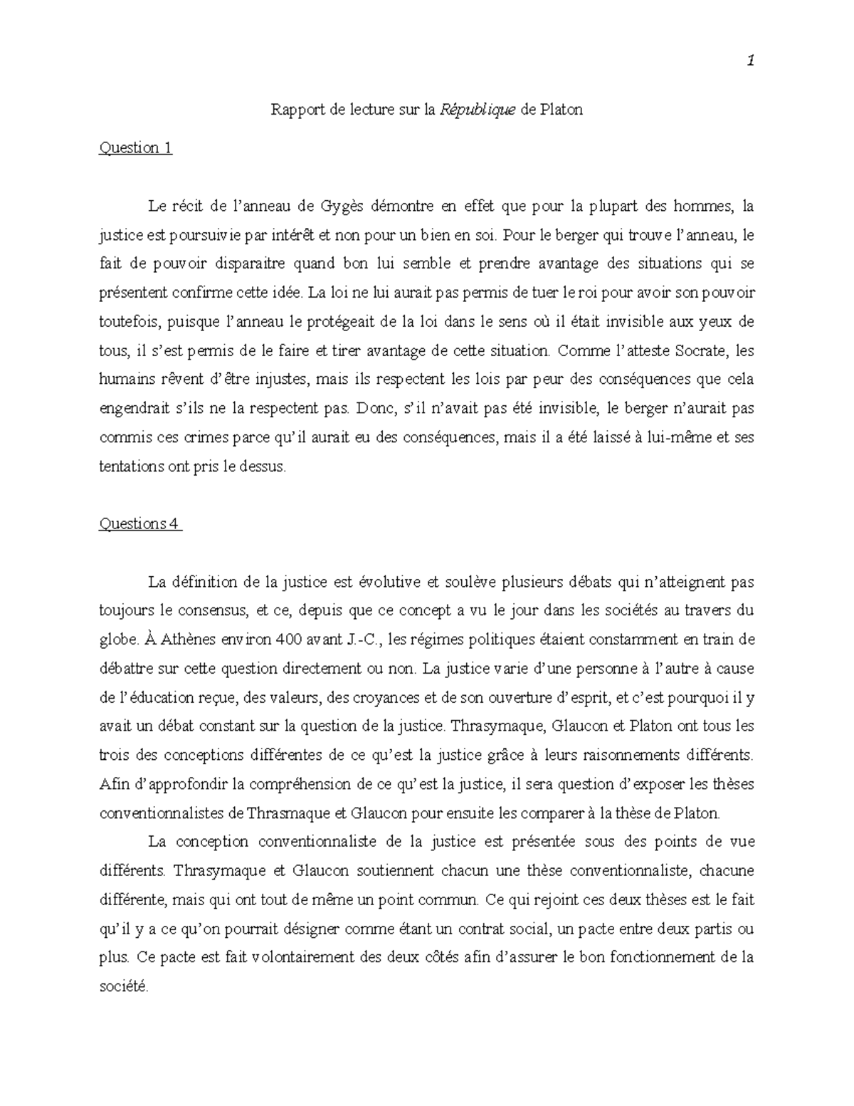 Rapport de lecture #1 sur la République de Platon - 1 Rapport de ...