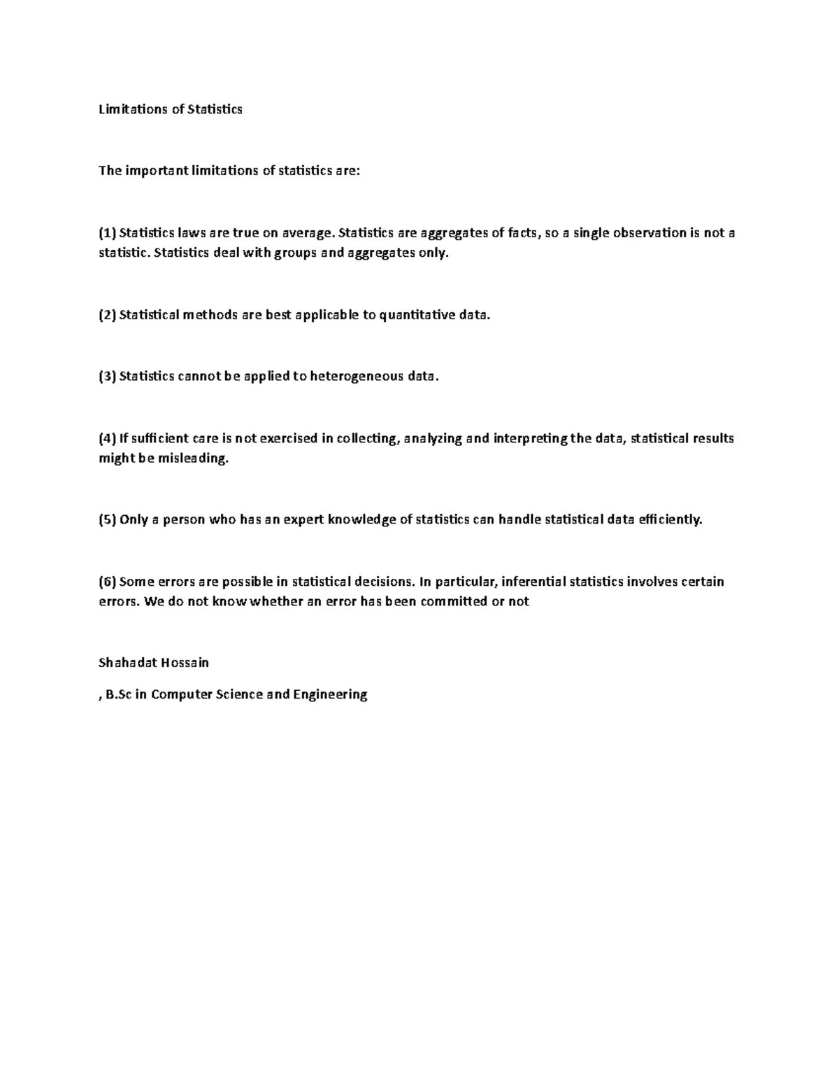 Limit - Lecture notes 3 - Limitations of Statistics The important ...