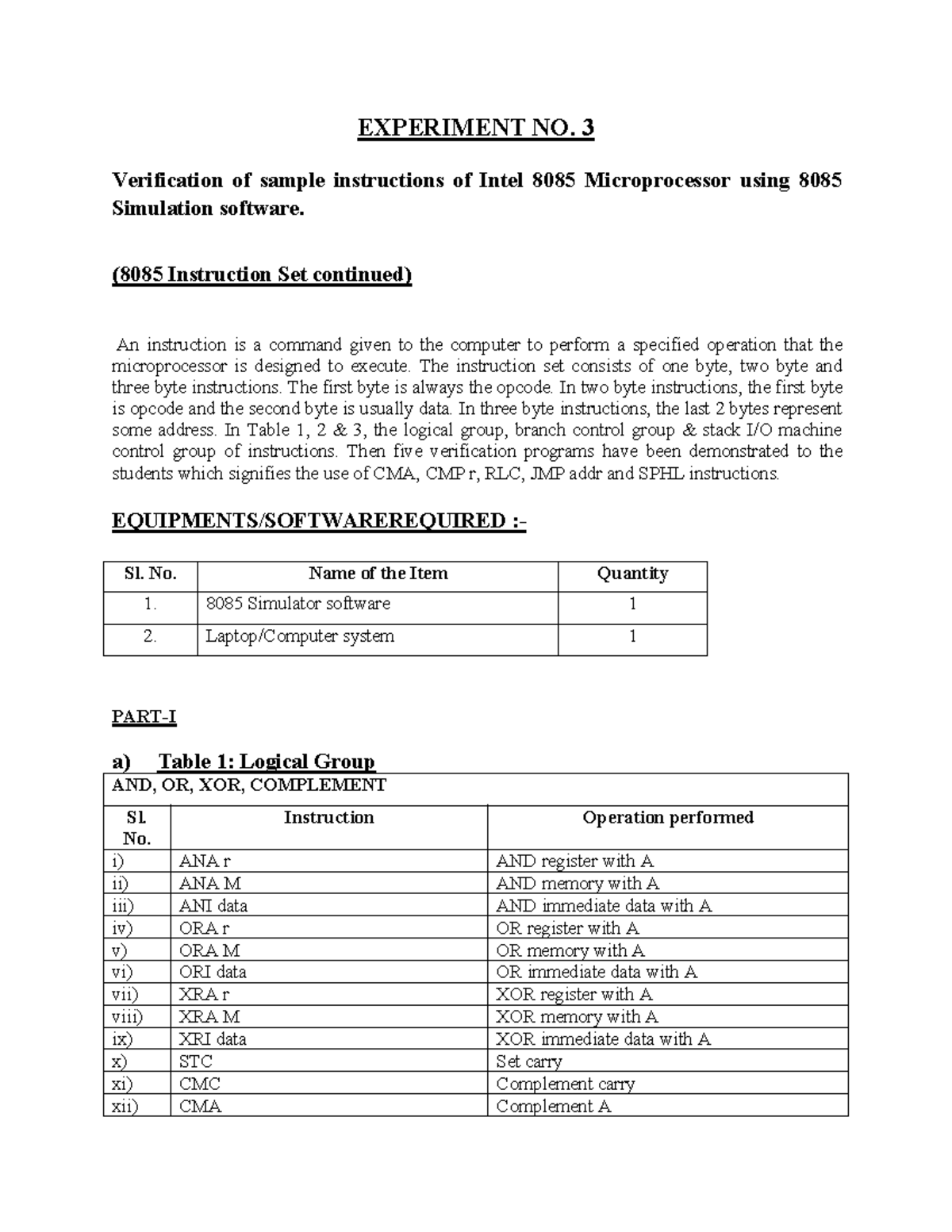 Experiment NO-3 lab - EXPERIMENT NO. 3 Verification of sample instructions of Intel 8085 - Studocu