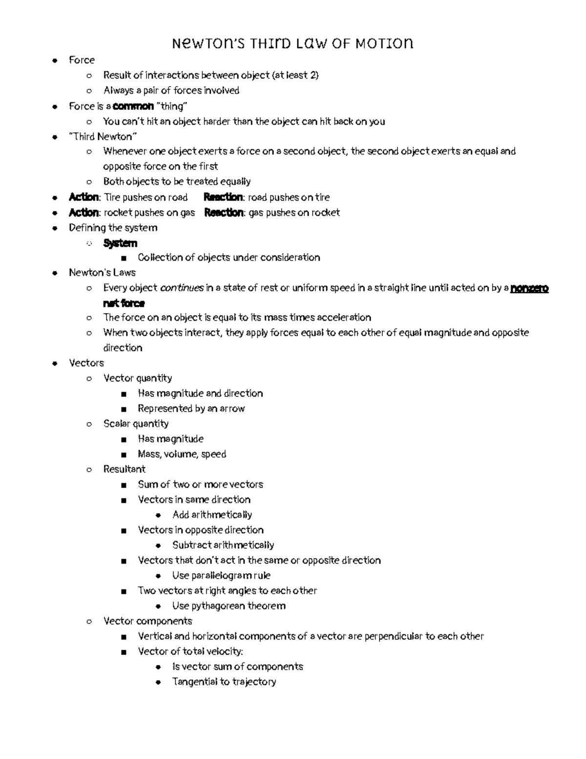 Physics 1010 notes 1-23-23 - Newton’s Third Law of Motion Force Result ...