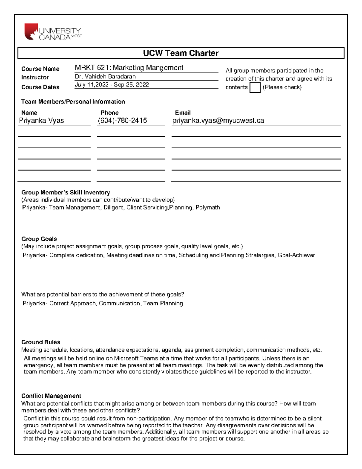 UCW Team Charter- MRKT 621 - UCW Team Charter Course Name All group ...