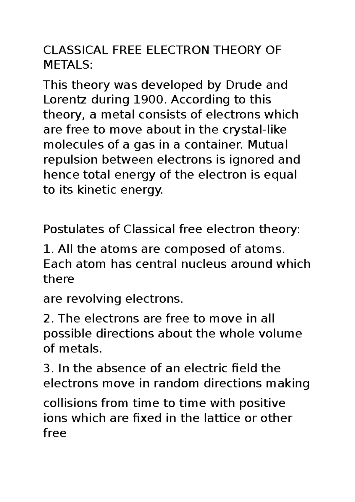 Classical FREE Electron Theory OF Metals - CLASSICAL FREE ELECTRON ...