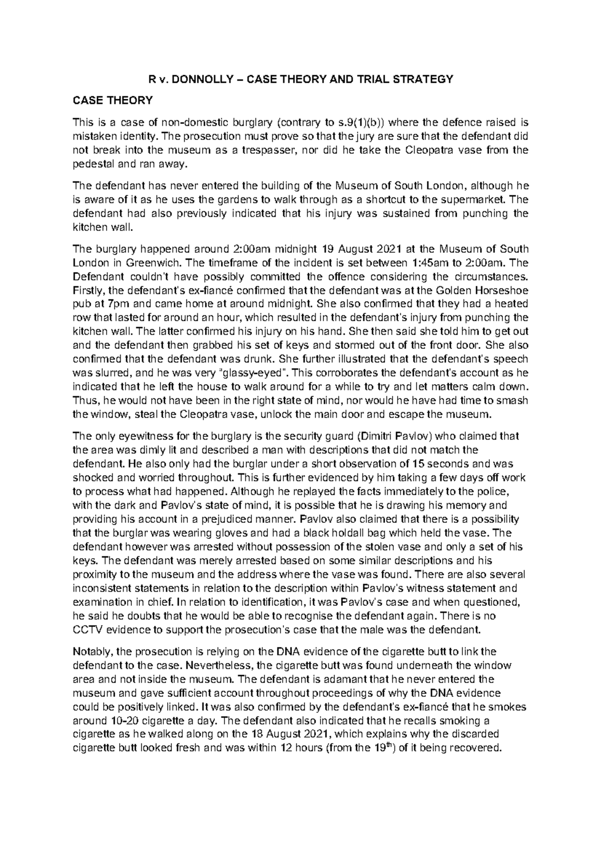 XIC - Case Theory & Trial Strategy - R v. DONNOLLY CASE THEORY AND ...