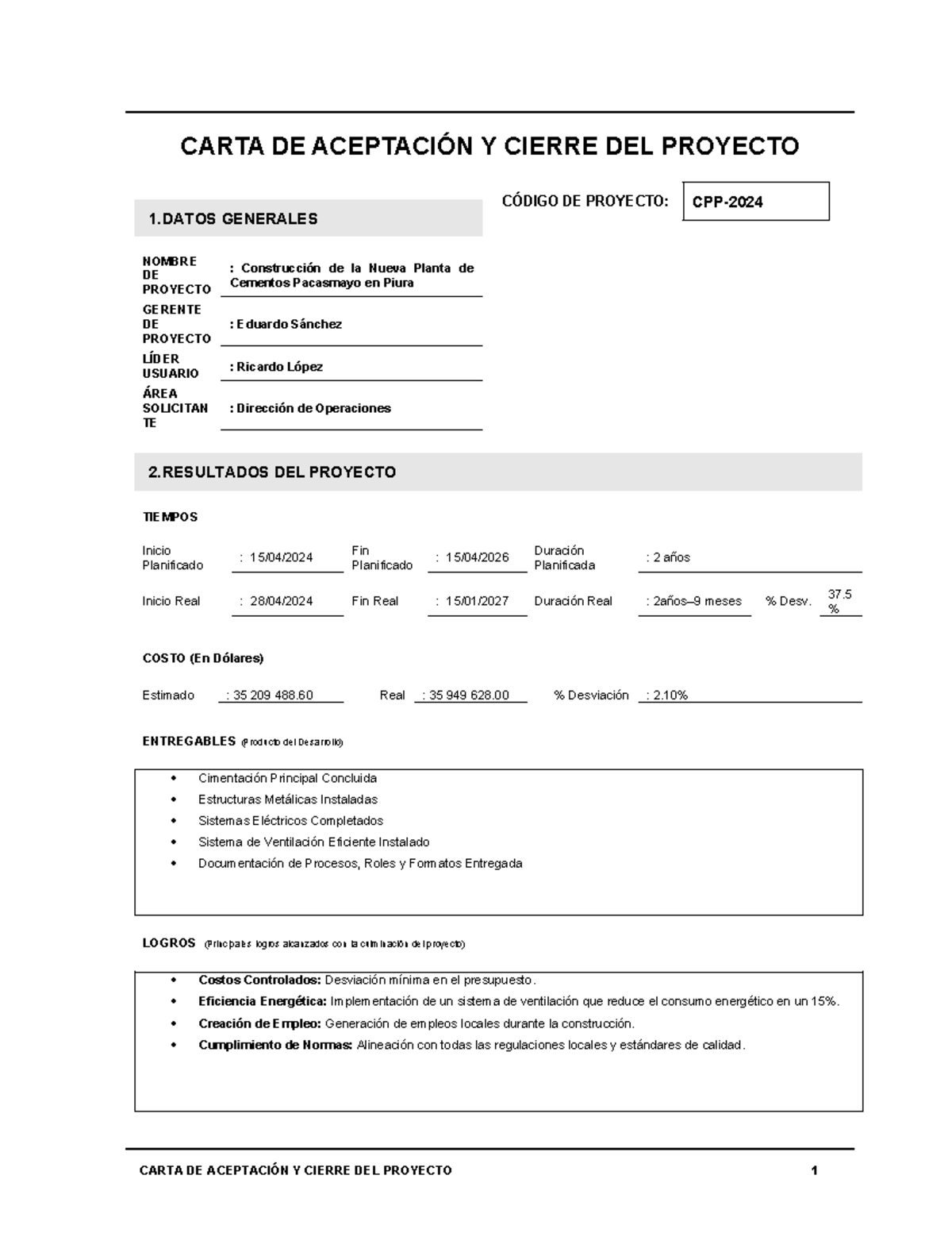 Carta de aceptación y cierre del proyecto - CARTA DE ACEPTACIÓN Y CIERRE DEL PROYECTO 1 ...