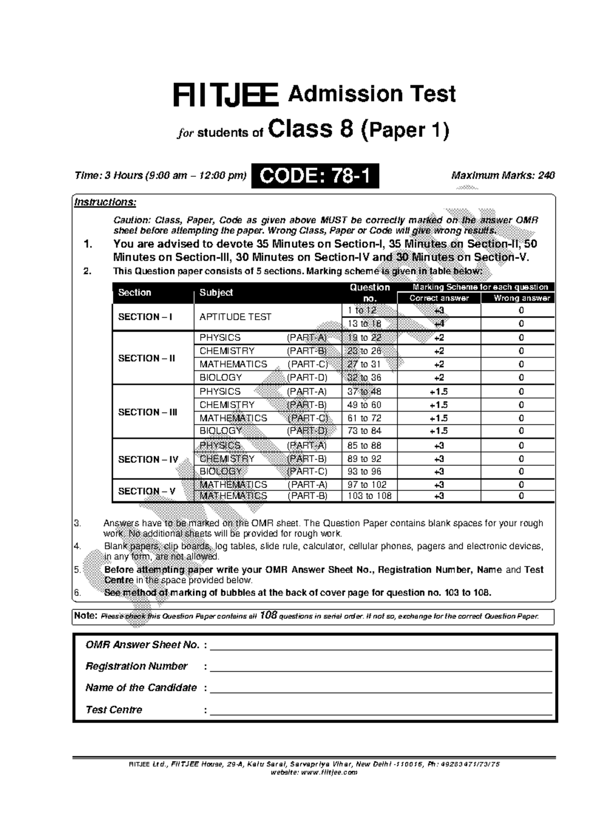 Sample Paper-AT-2324- Class-VIII-P1-AT+PCBM - FIITJEE Ltd., FIITJEE ...